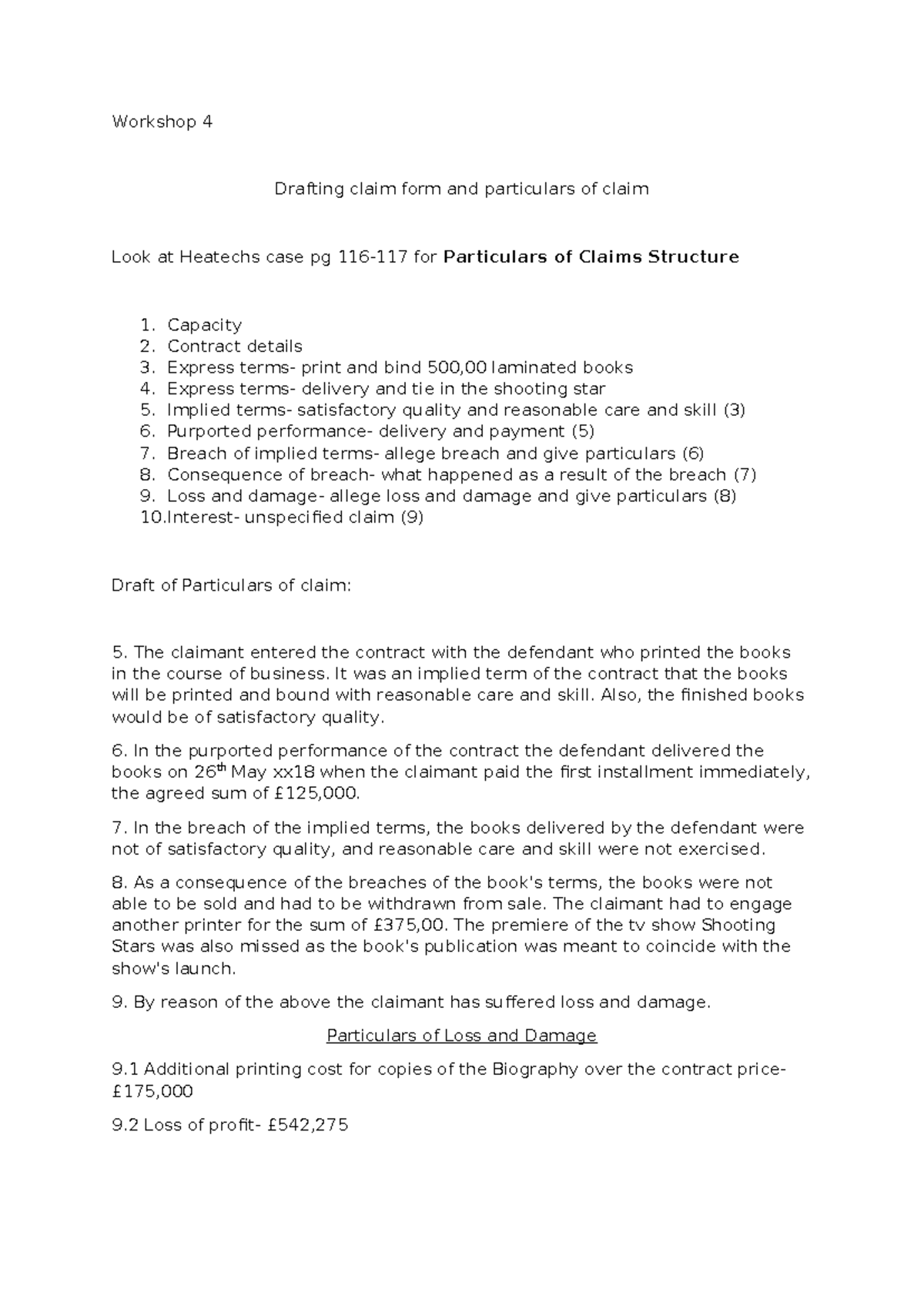 Workshop 4- Drafting Particulars of claim - Workshop 4 Drafting claim ...