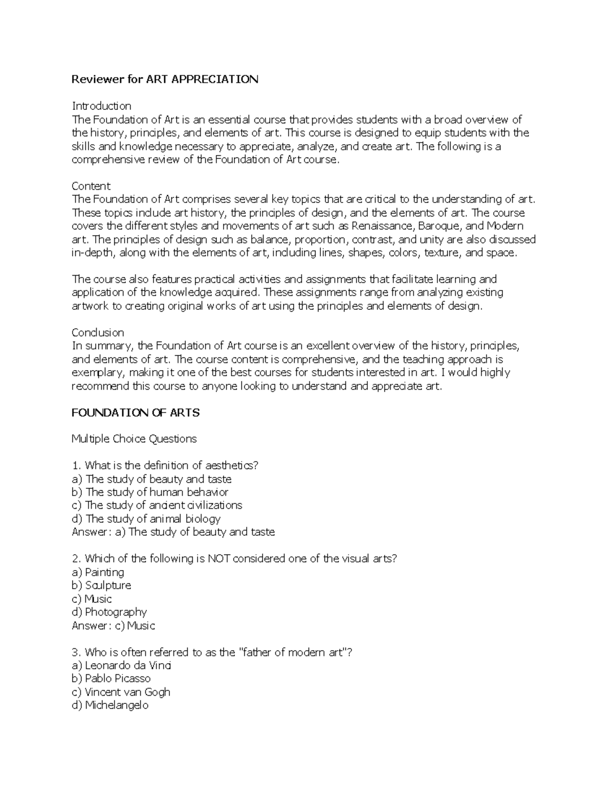 Reviewer for ART Appreciation - Reviewer for ART APPRECIATION ...