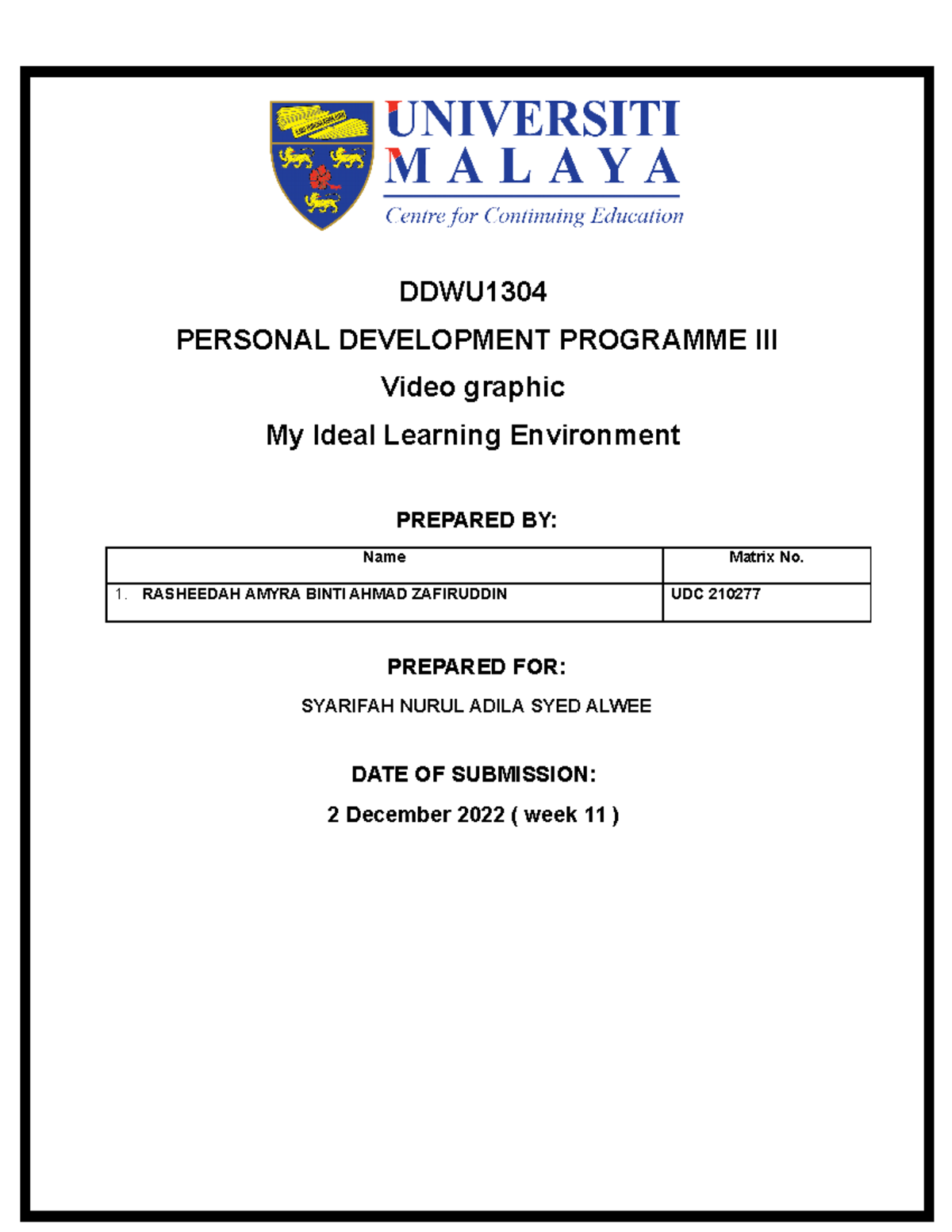 Rasheedah Amyra Videographic - DDWU PERSONAL DEVELOPMENT PROGRAMME III Video graphic My Ideal ...