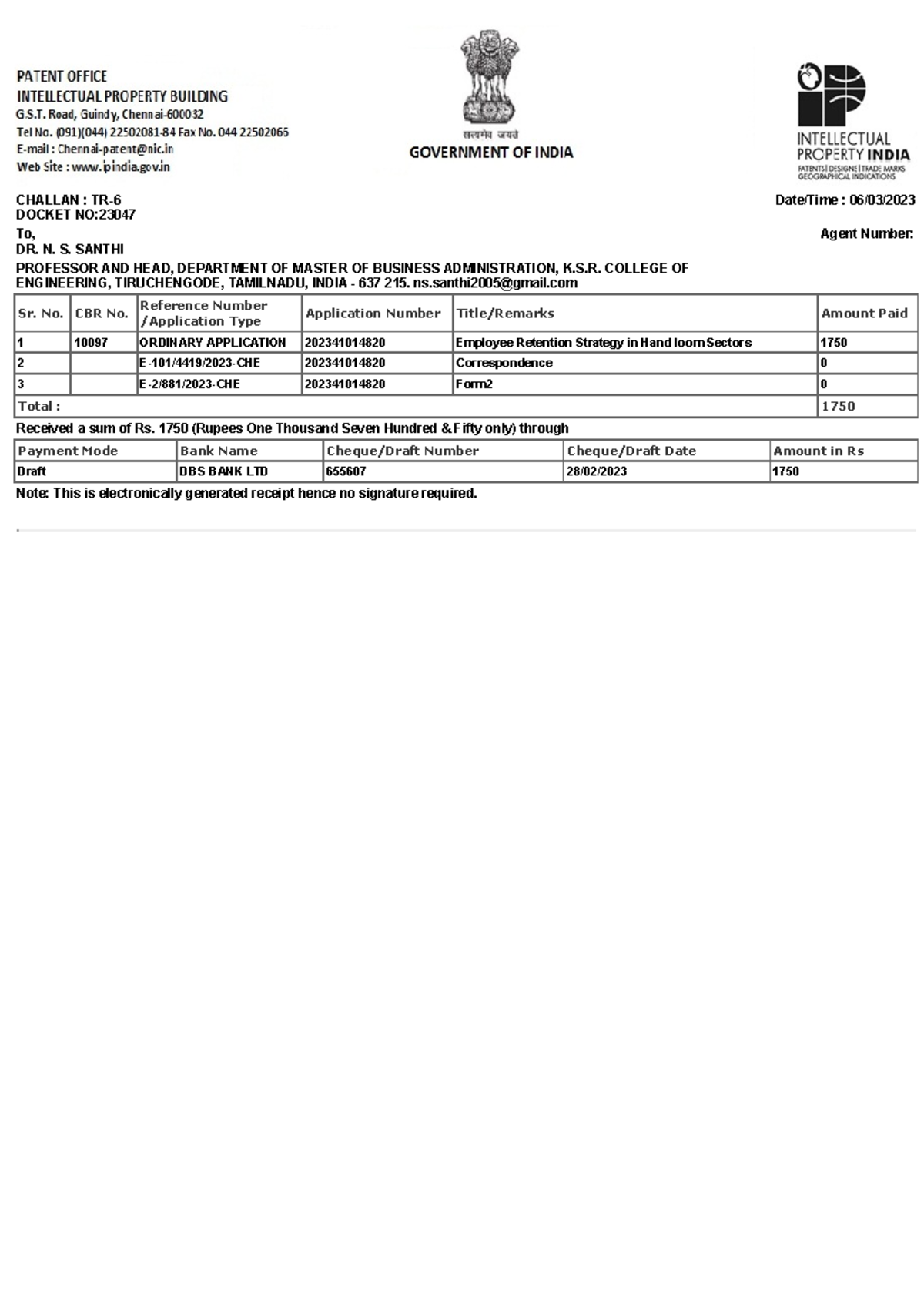 Duplicate CBR Print of Date - Date/Time : 06/03/ Agent Number: CHALLAN ...