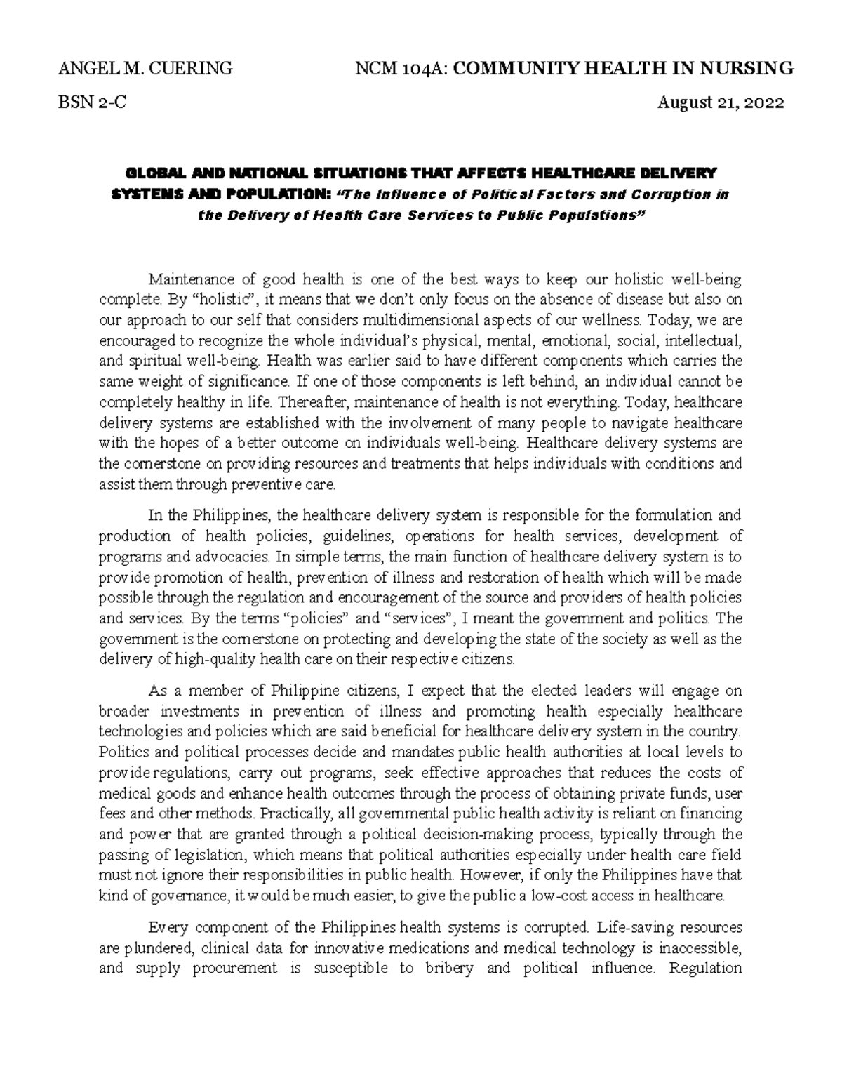 Com health essay - GLOBAL AND NATIONAL SITUATIONS THAT AFFECTS ...
