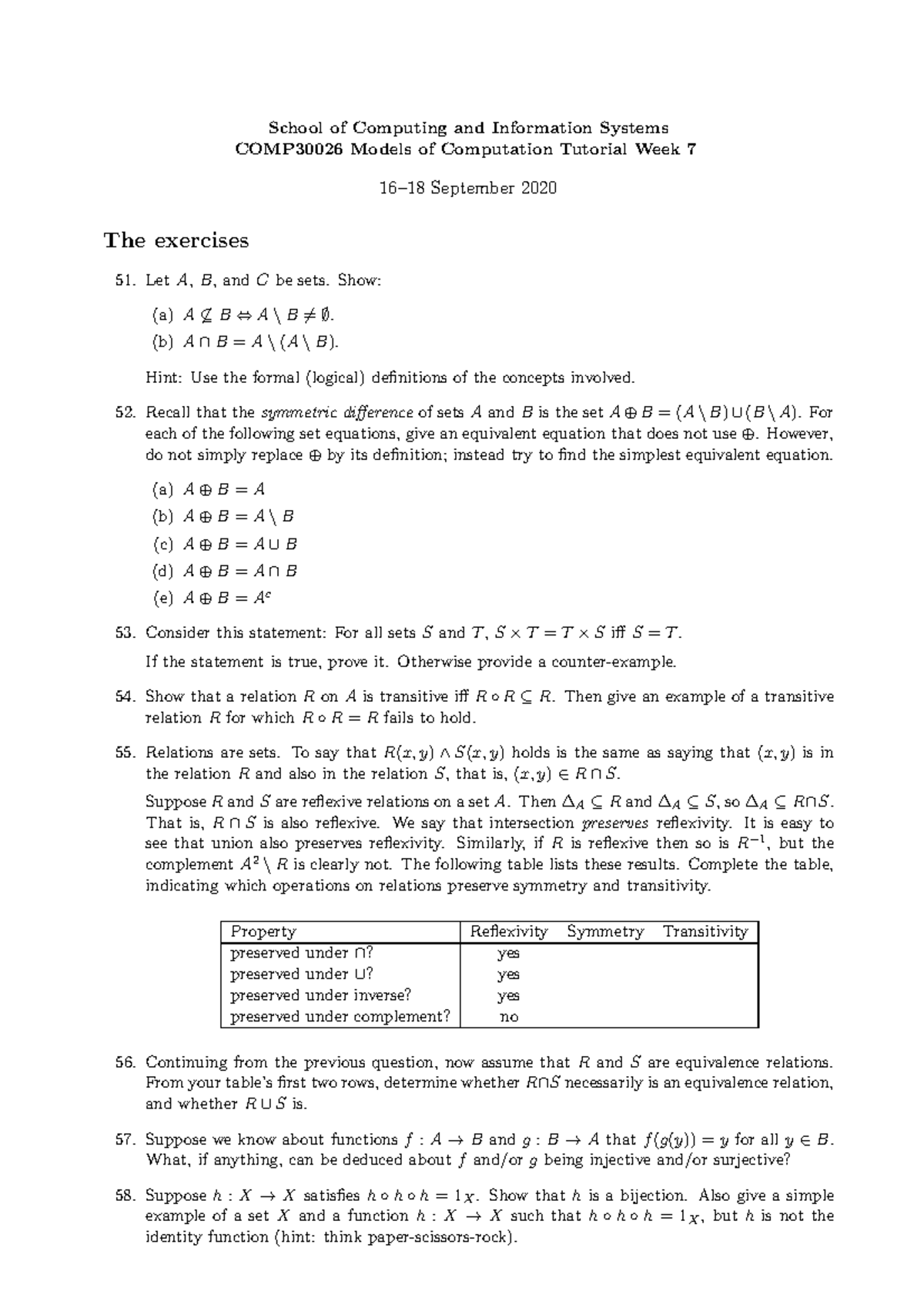 Week07 - Week 7 Tutorial Sheet - School of Computing and Information Systems COMP30026 Models of ...