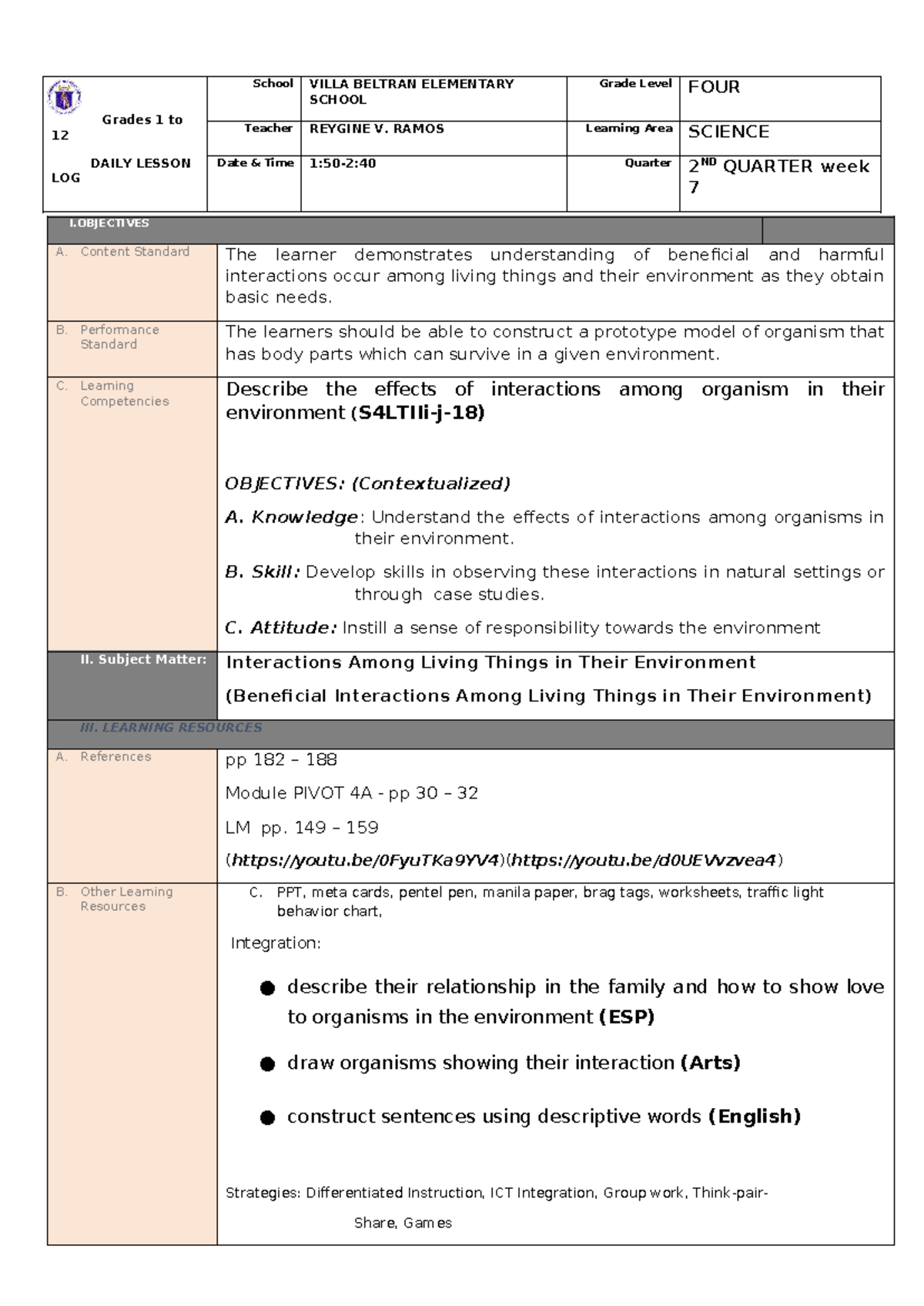 COT-q2 Science 4 interaction living things - Grades 1 to 12 DAILY ...