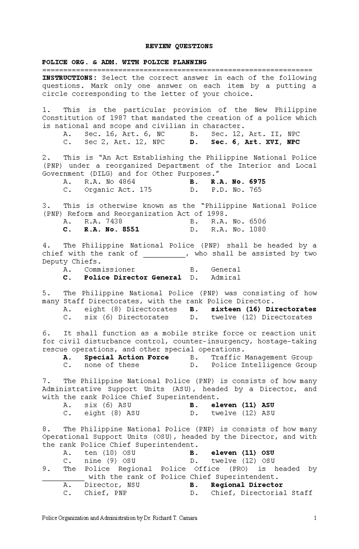 Pol Org Admin Questions RTC - REVIEW QUESTIONS POLICE ORG. & ADM. WITH ...