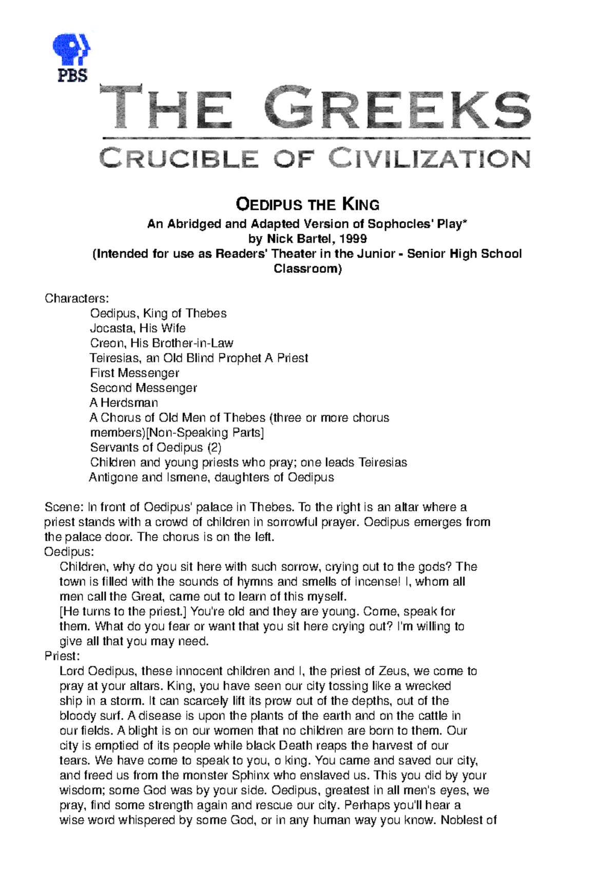 Oedipus short - OEDIPUS THE KING An Abridged and Adapted Version of ...