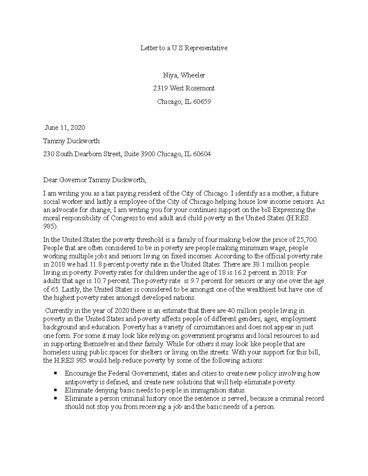 Letter to a Rep - Letter to a U Representative Niya, Wheeler 2319 West ...