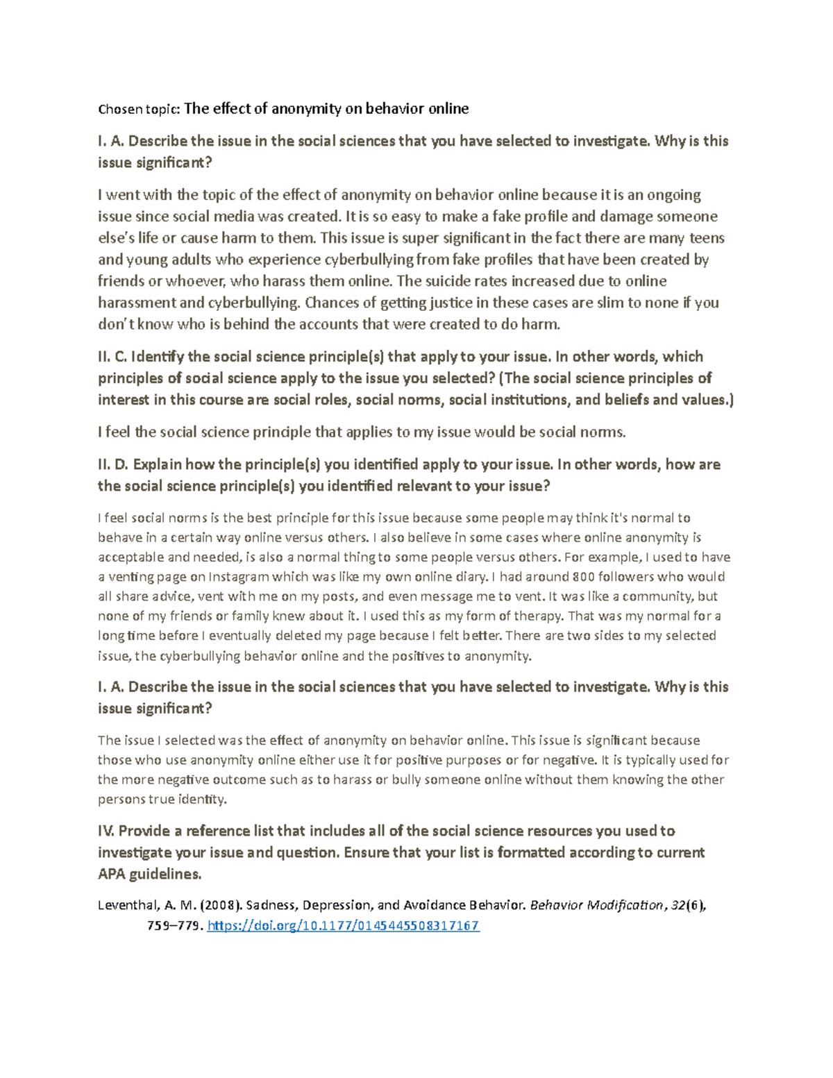 SCS 200 Project one (Research investigation) - Chosen topic: The effect of anonymity on behavior ...