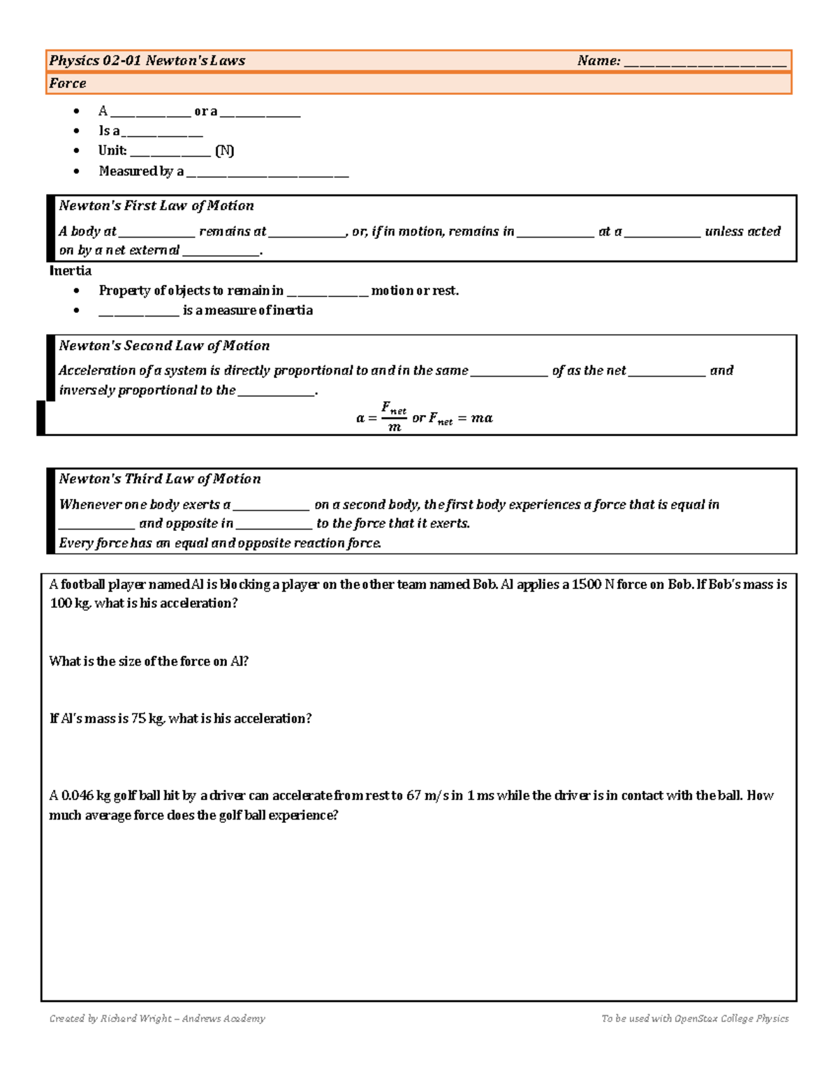 Physics 02-01 Newtons Laws Lab - Physics 02 - 01 Newton's Laws Name