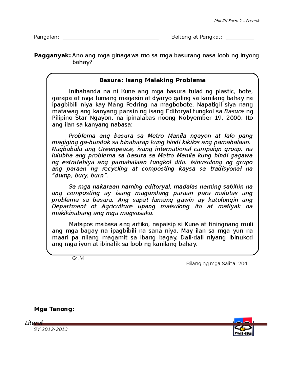 Gr. 6 Basura Malaking Problema - Pangalan ...