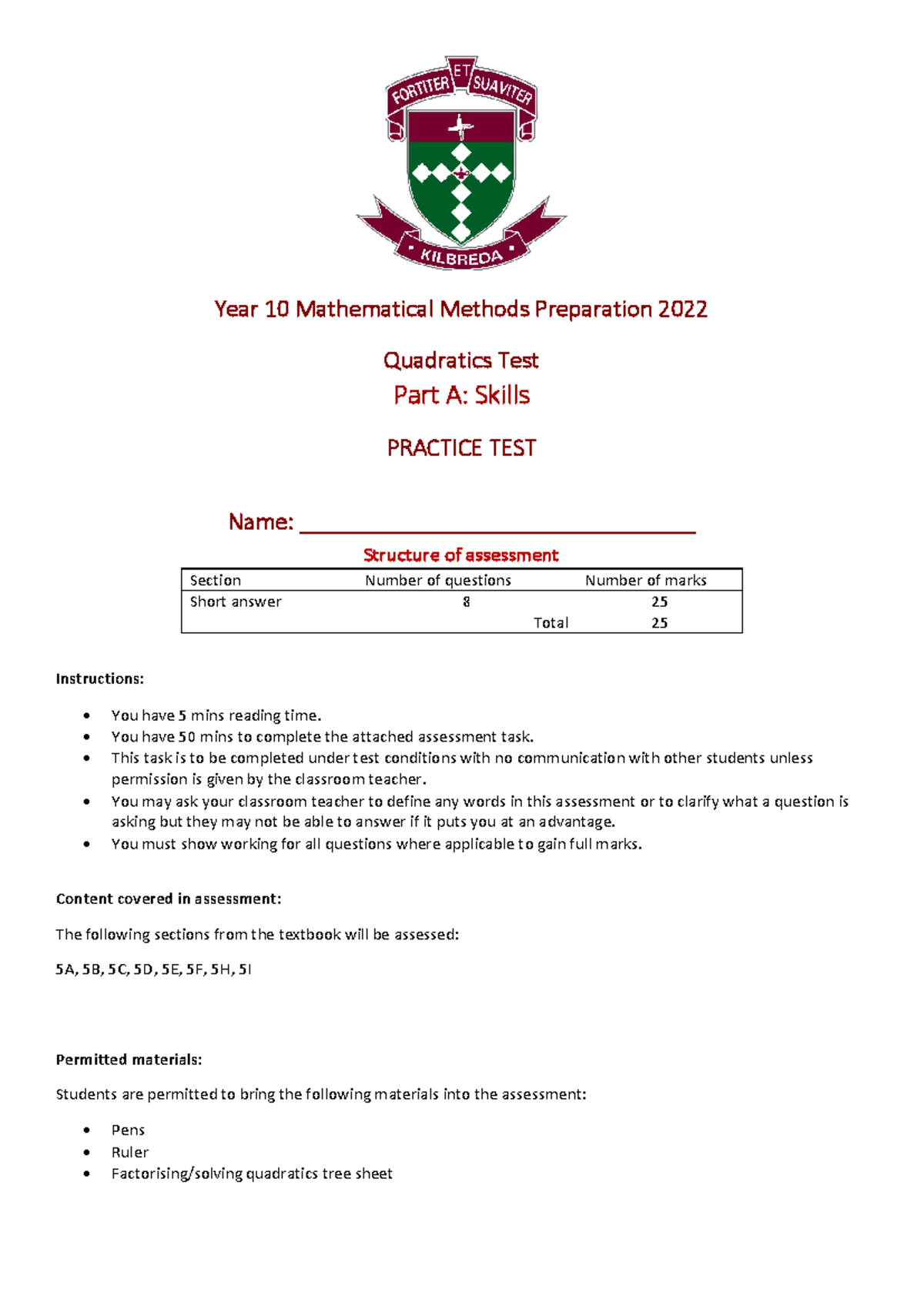 Year 10 Quadratics test - Year 10 Mathematical Methods Preparation 2022 ...