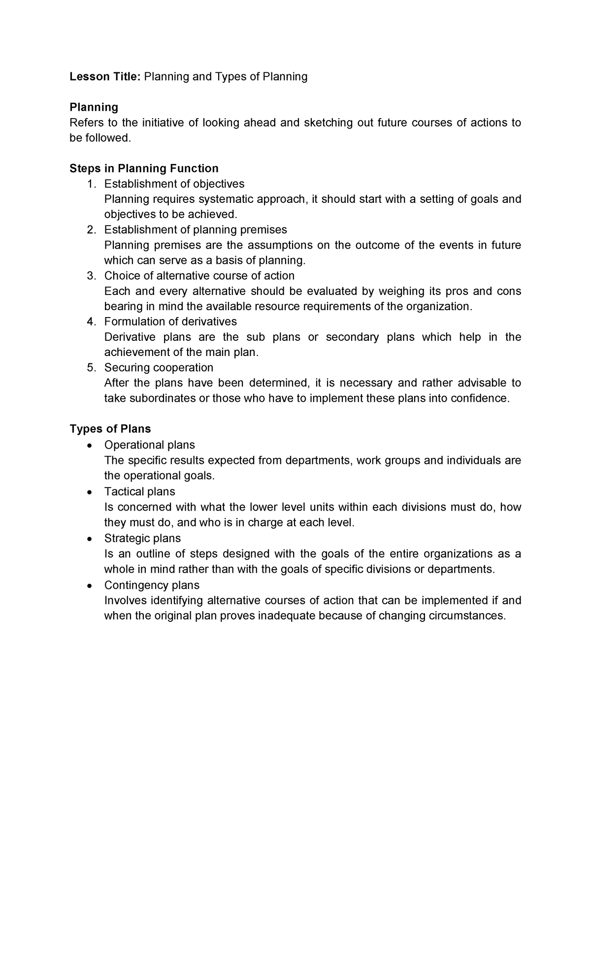 Planning and Types of Planning - Lesson Title: Planning and Types of ...