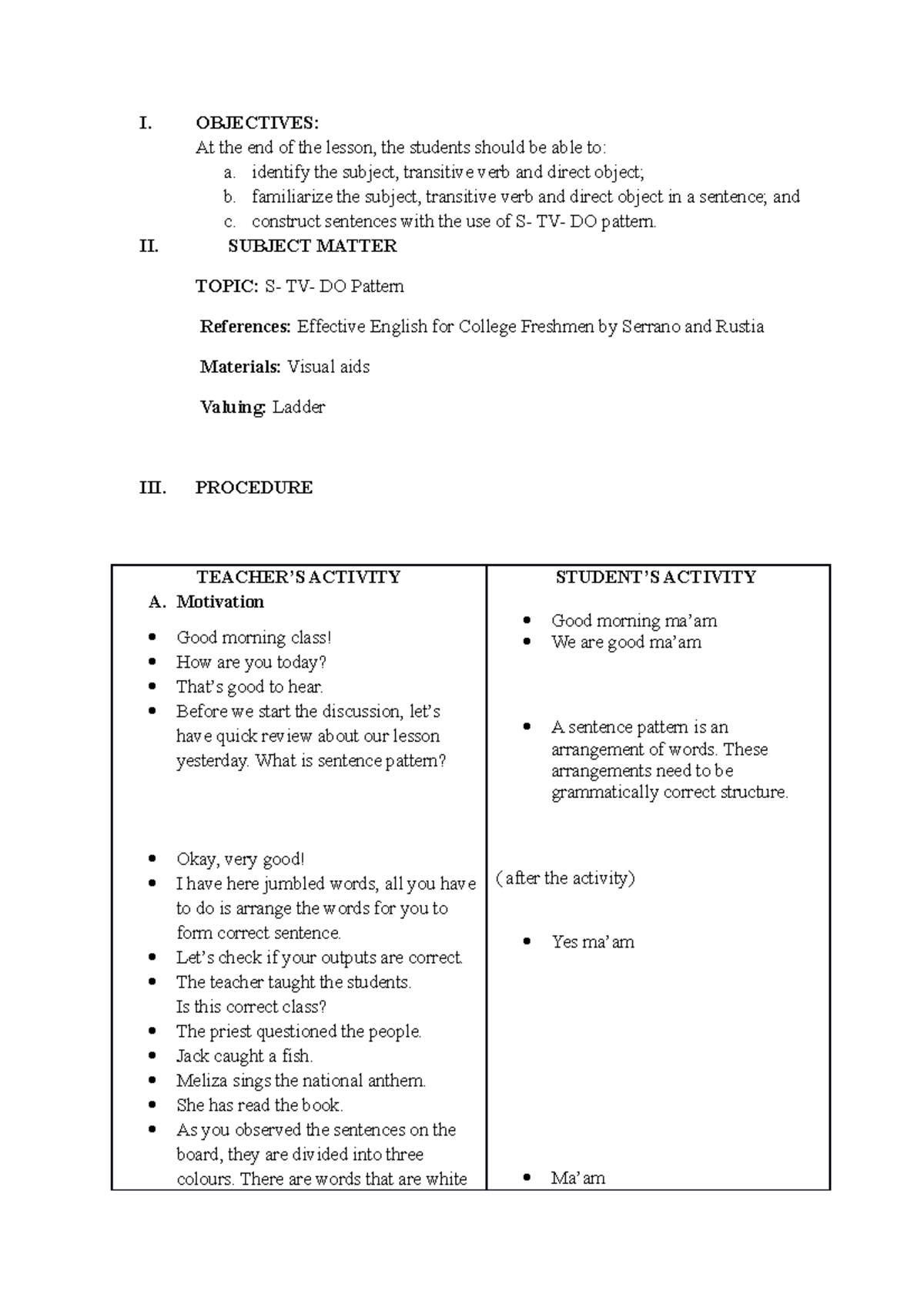 Lesson PLAN - Lecture notes 1-15 - I. OBJECTIVES: At the end of the ...