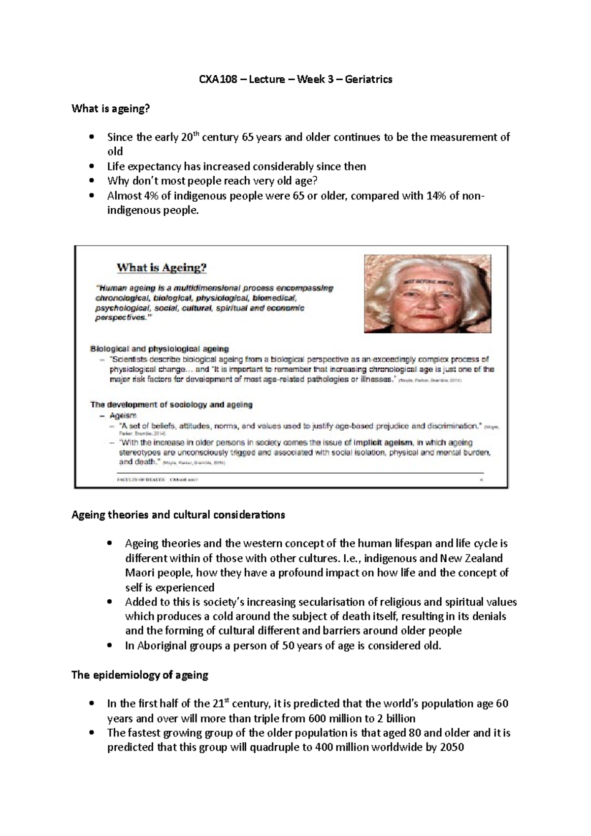 CXA108 – Lecture – Week 3 – Geriatrics - CXA108 – Lecture – Week 3 ...