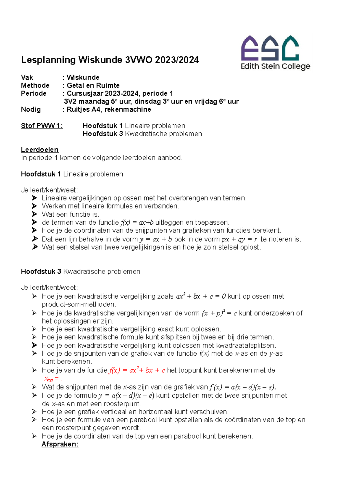 3V Planner P1 23'24 - Lesplanning Wiskunde 3VWO 2023/ Vak : Wiskunde ...