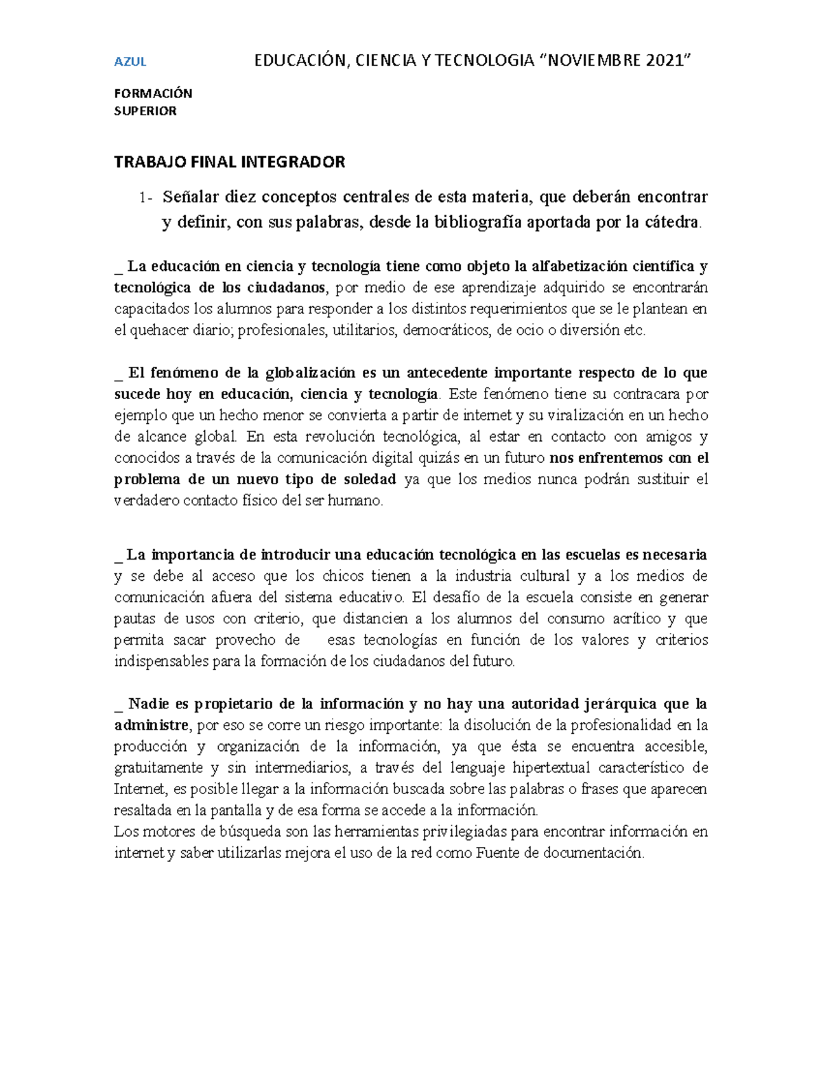 Trabajo Final Integrador - FORMACIÓN SUPERIOR TRABAJO FINAL INTEGRADOR ...
