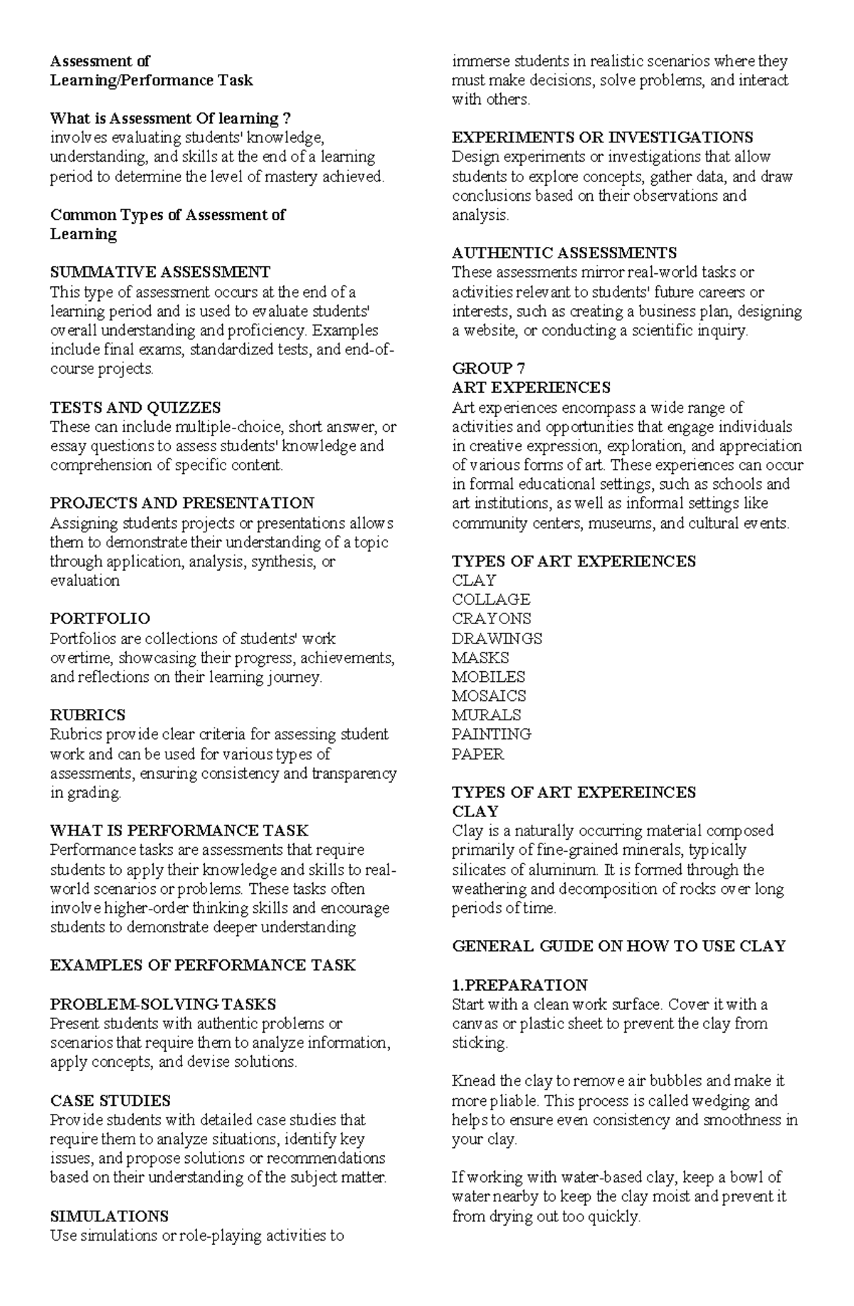 Notes in arts - LECTURE IN ARTS - Assessment of Learning/Performance ...