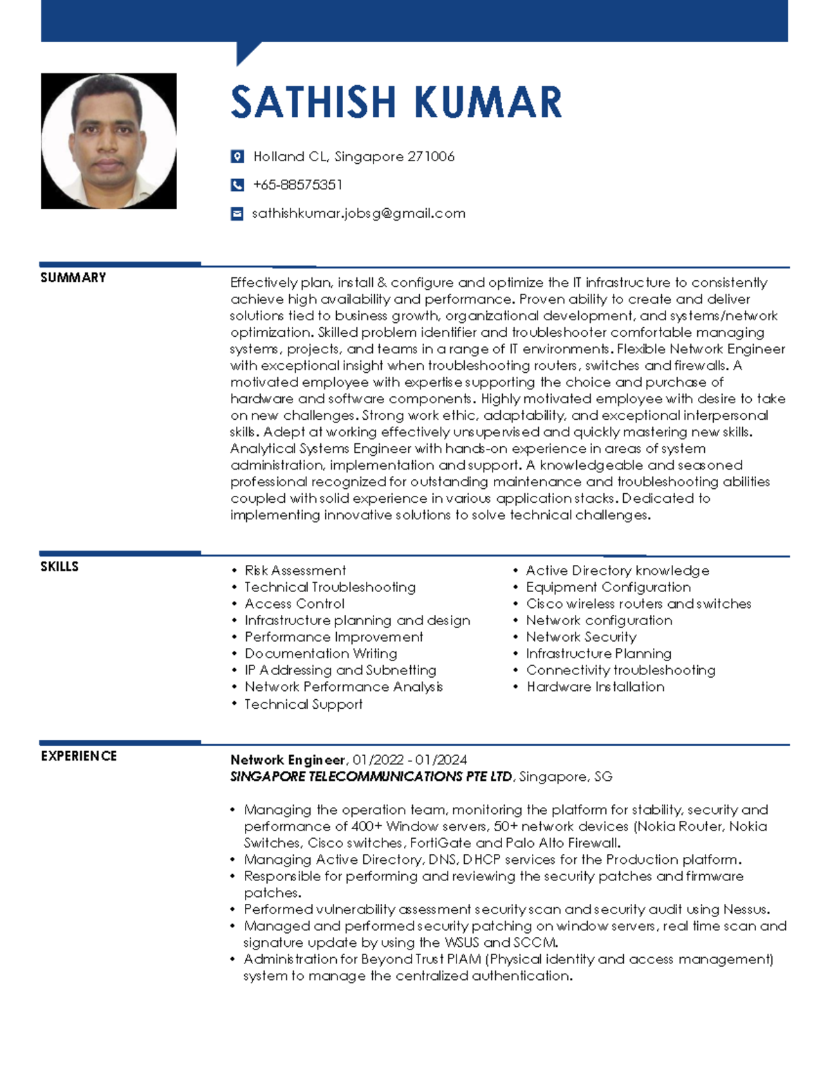 Sathishkumar Resume Network Engineer - SATHISH KUMAR Holland CL ...