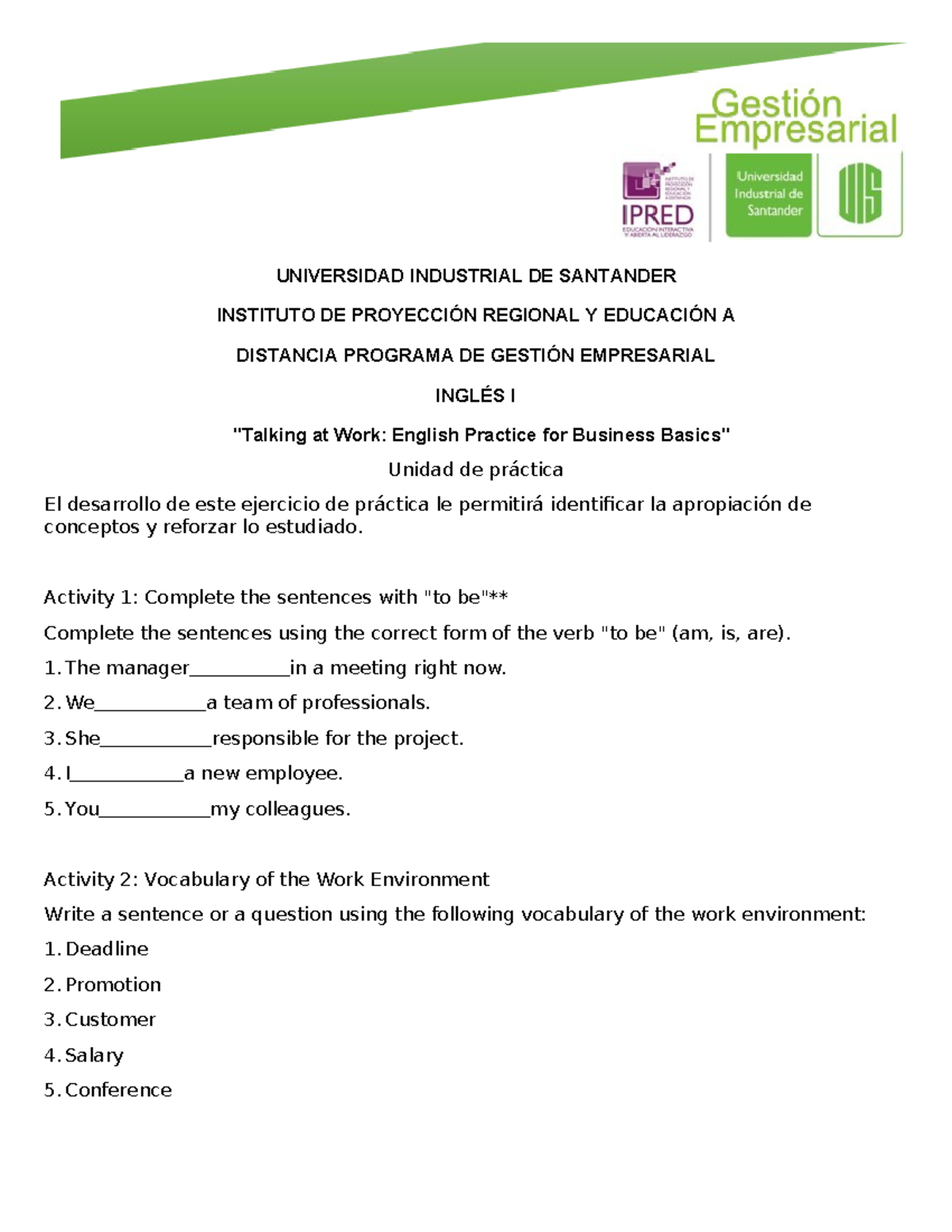 Talking at Work- English Practice for Business Basics - UNIVERSIDAD ...