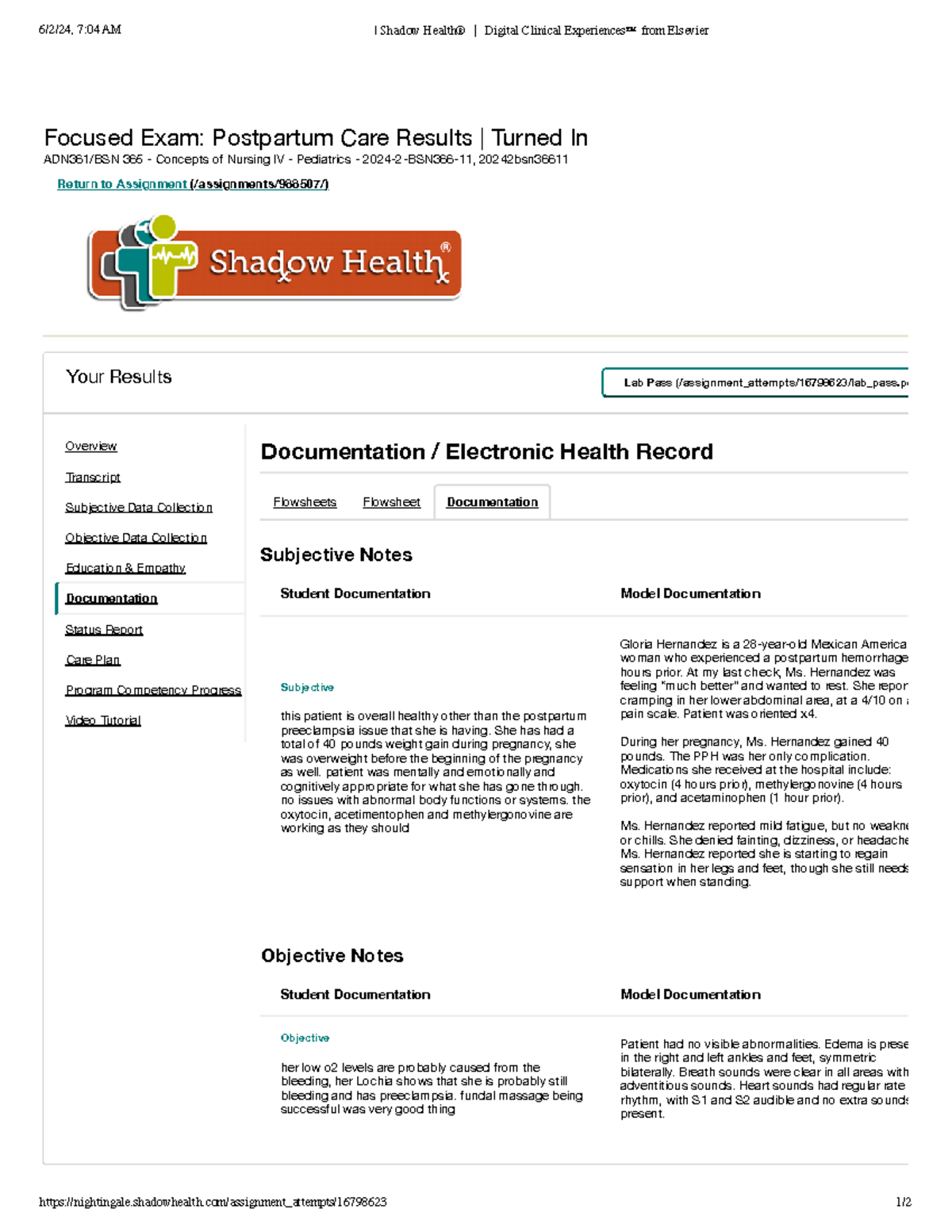 BSN366 Shadow Health Gloria Hernandez Postpartum Care Documentation - VJ\ZLK ,_HT! 7 - Studocu