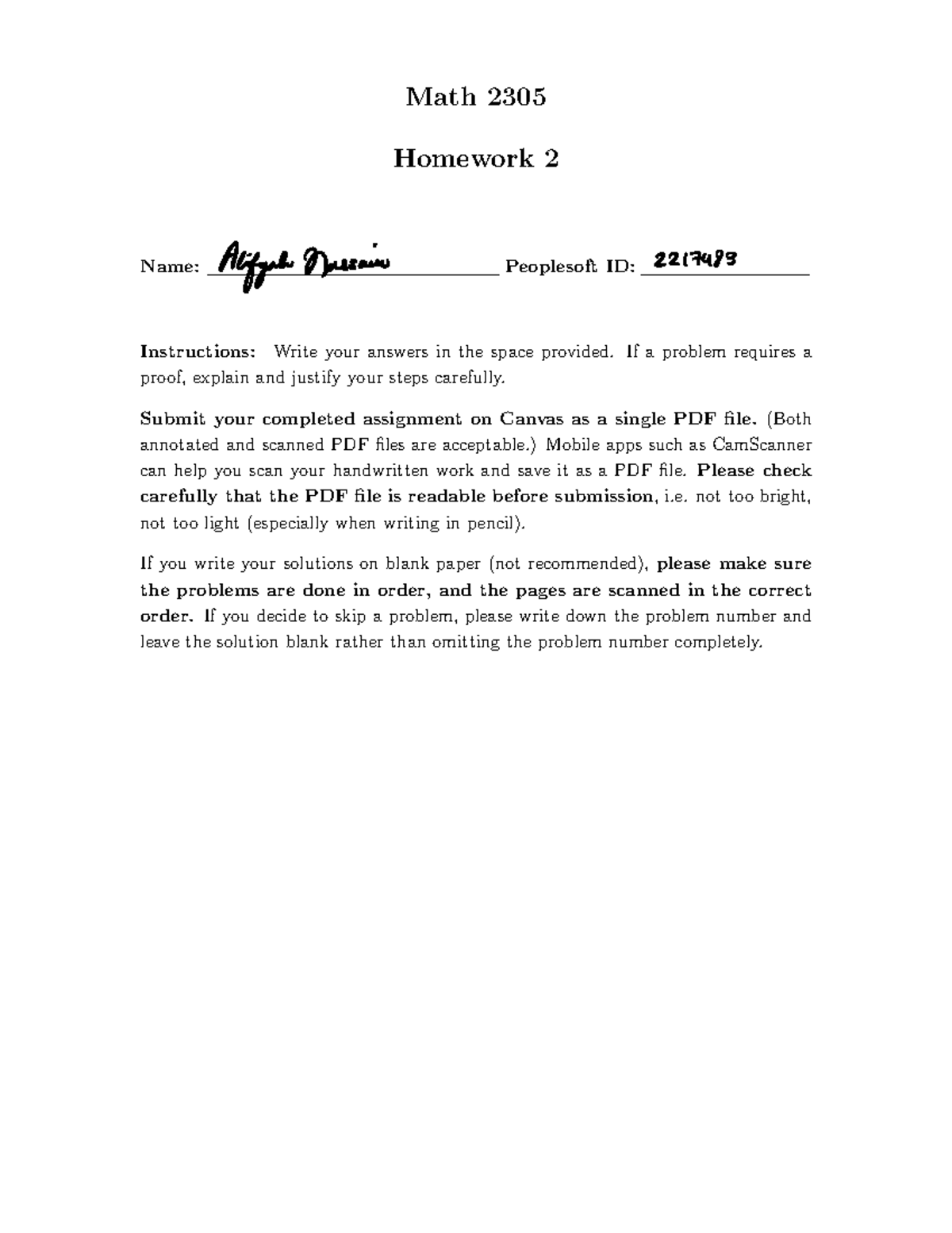 2305 HW2 2 - homework - Math 2305 Homework 2 Name: Peoplesoft ID ...