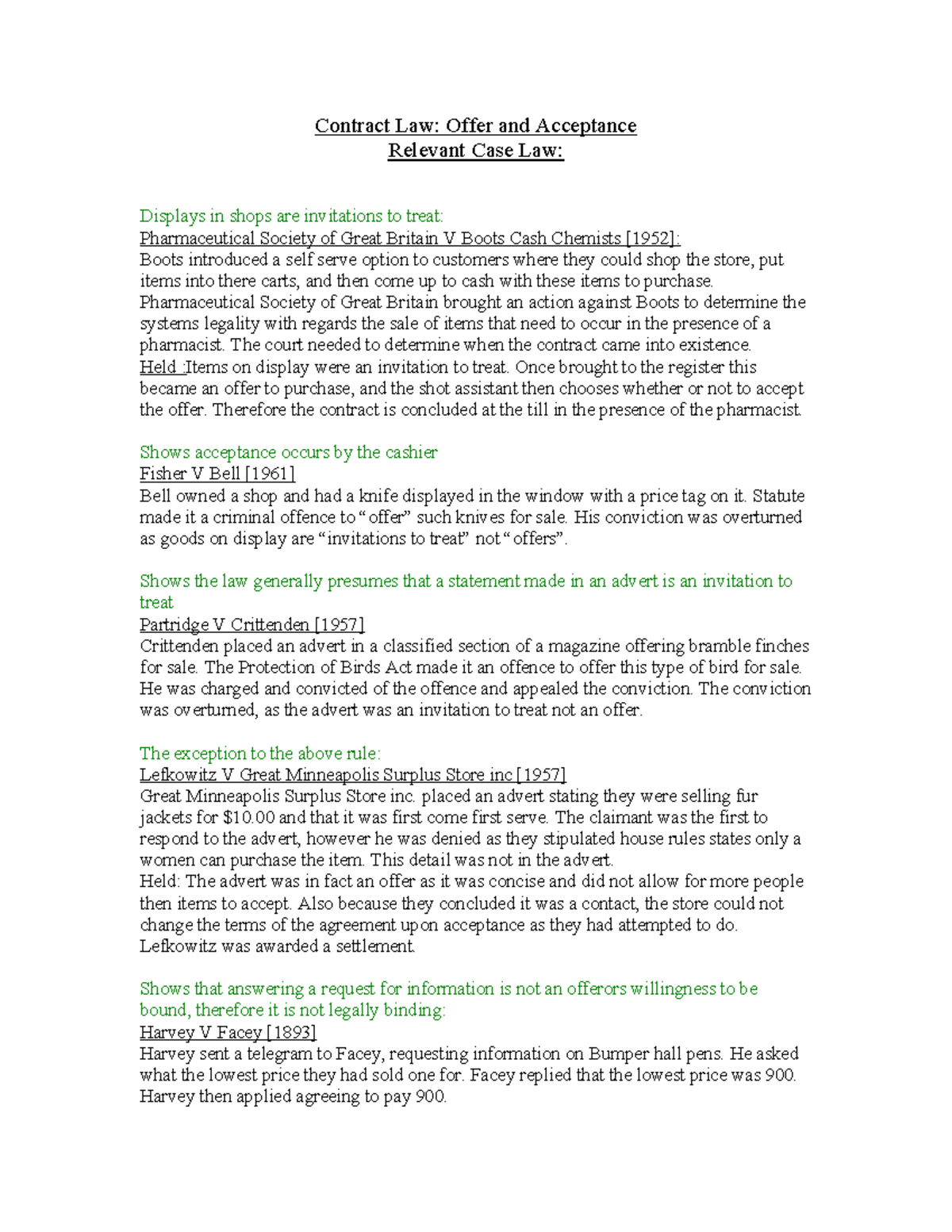 Contract Law- Relevant Case Law - Offer and Acceptance - Contract Law ...