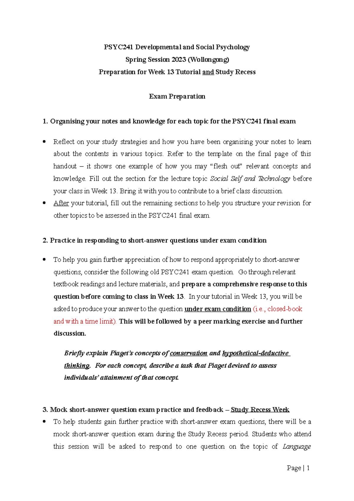 2023 PSYC241 Wk13 Tutorial handout - PSYC241 Developmental and Social ...