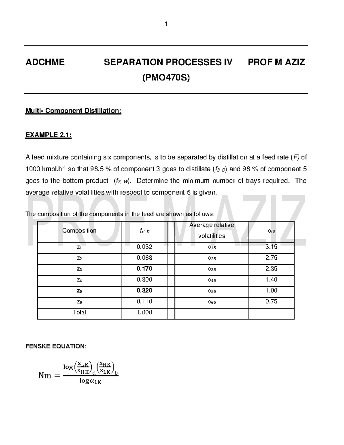 PROF M AZIZ - PMO470S - Multi Comp FUG Dist - Example 2-1 (2023) - ADCHME SEPARATION PROCESSES ...