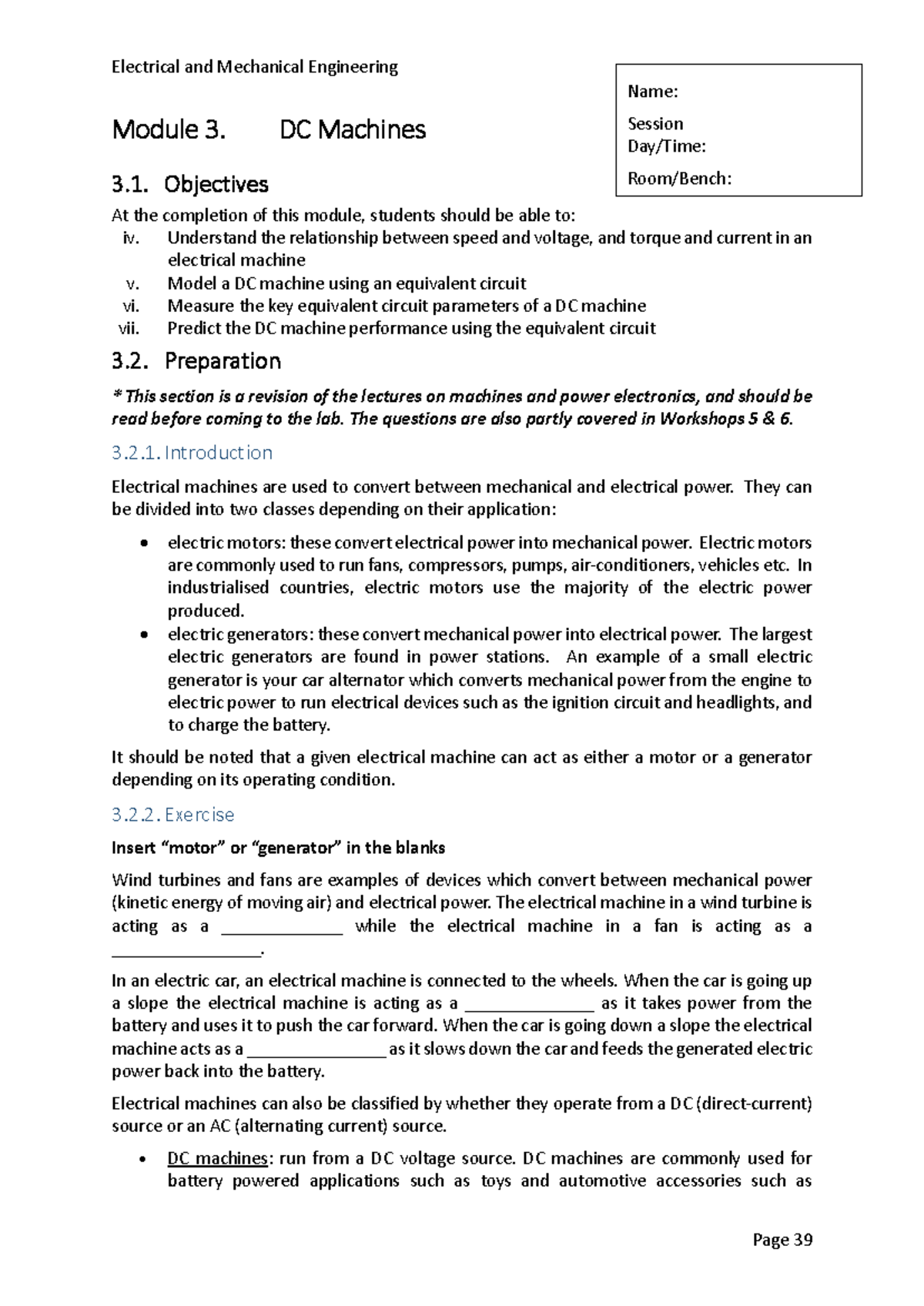 Analog Electronics Practical M3 DC Machines Prac Notes and Grading ...