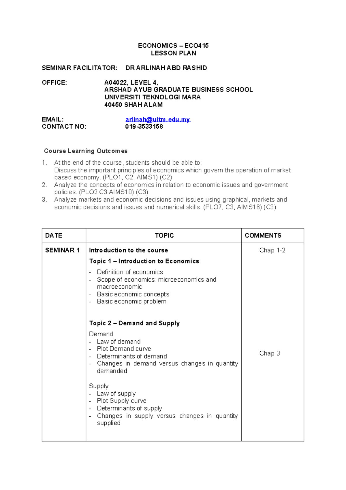 LCC-Lesson Plan March - ECONOMICS – ECO LESSON PLAN SEMINAR FACILITATOR ...