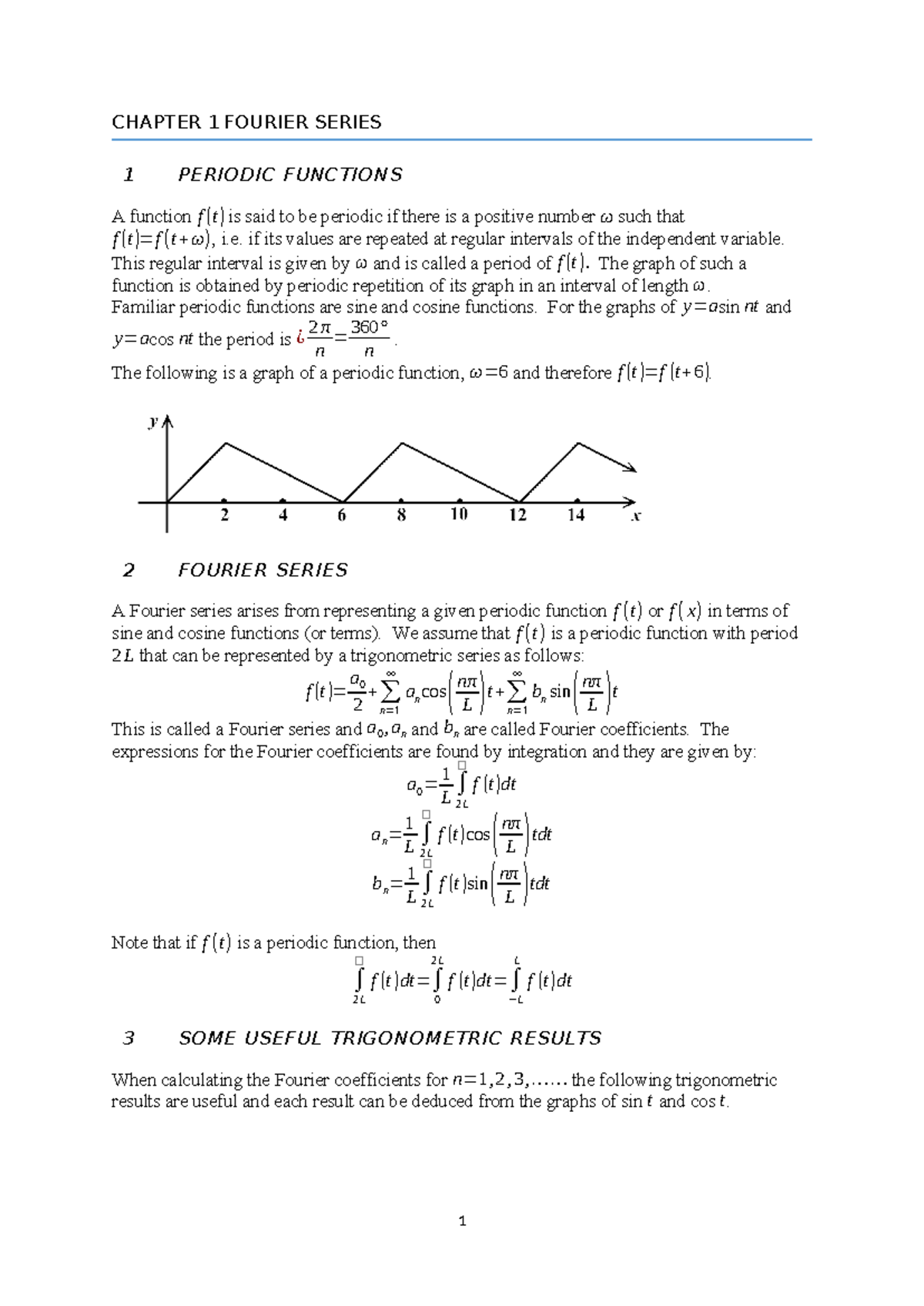 Fourier Series - GGHHT - CHAPTER 1 FOURIER SERIES 1 PERIODIC FUNCTIONS ...