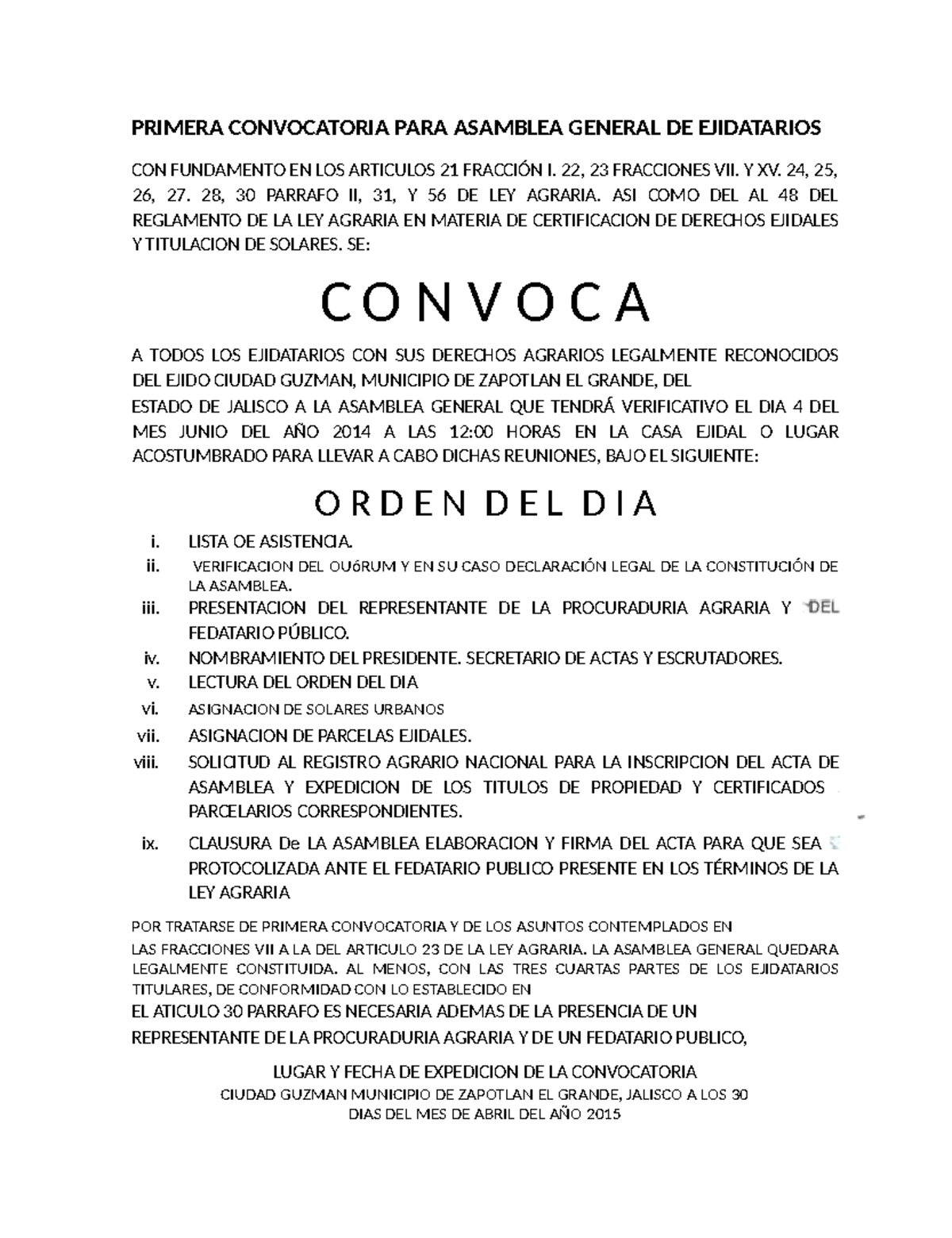 Asamblea especial - Resumen Derecho agrario - PRIMERA CONVOCATORIA PARA ...