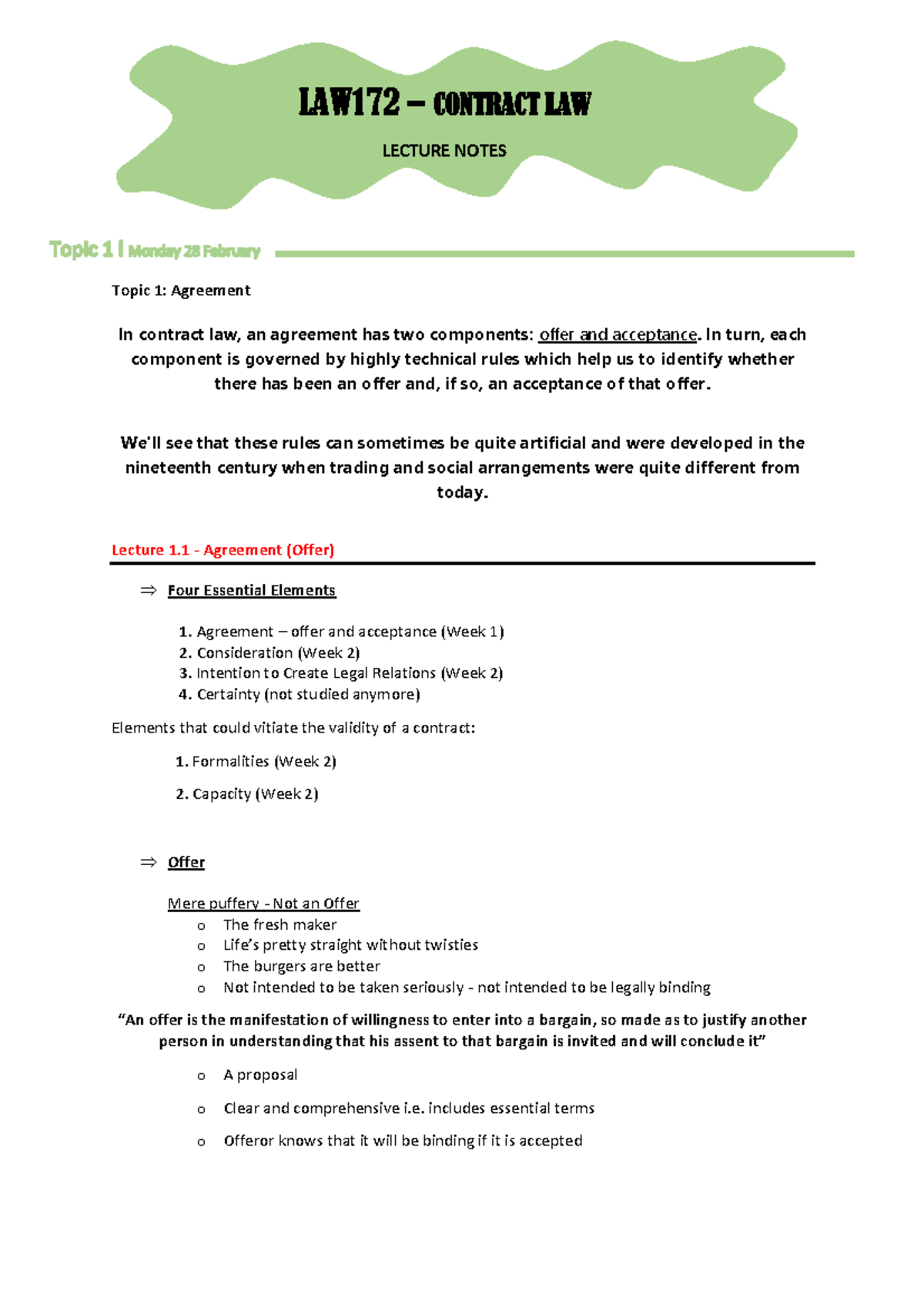 LAW172 Contract LAW ll Notes - Topic 1: Agreement In contract law, an ...