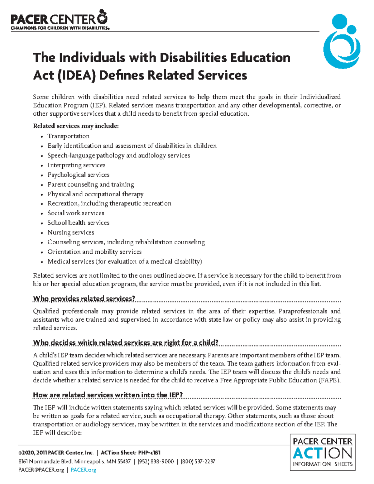 Pacer Related Services Handout - ©2020, 2011 PACER Center, Inc ...