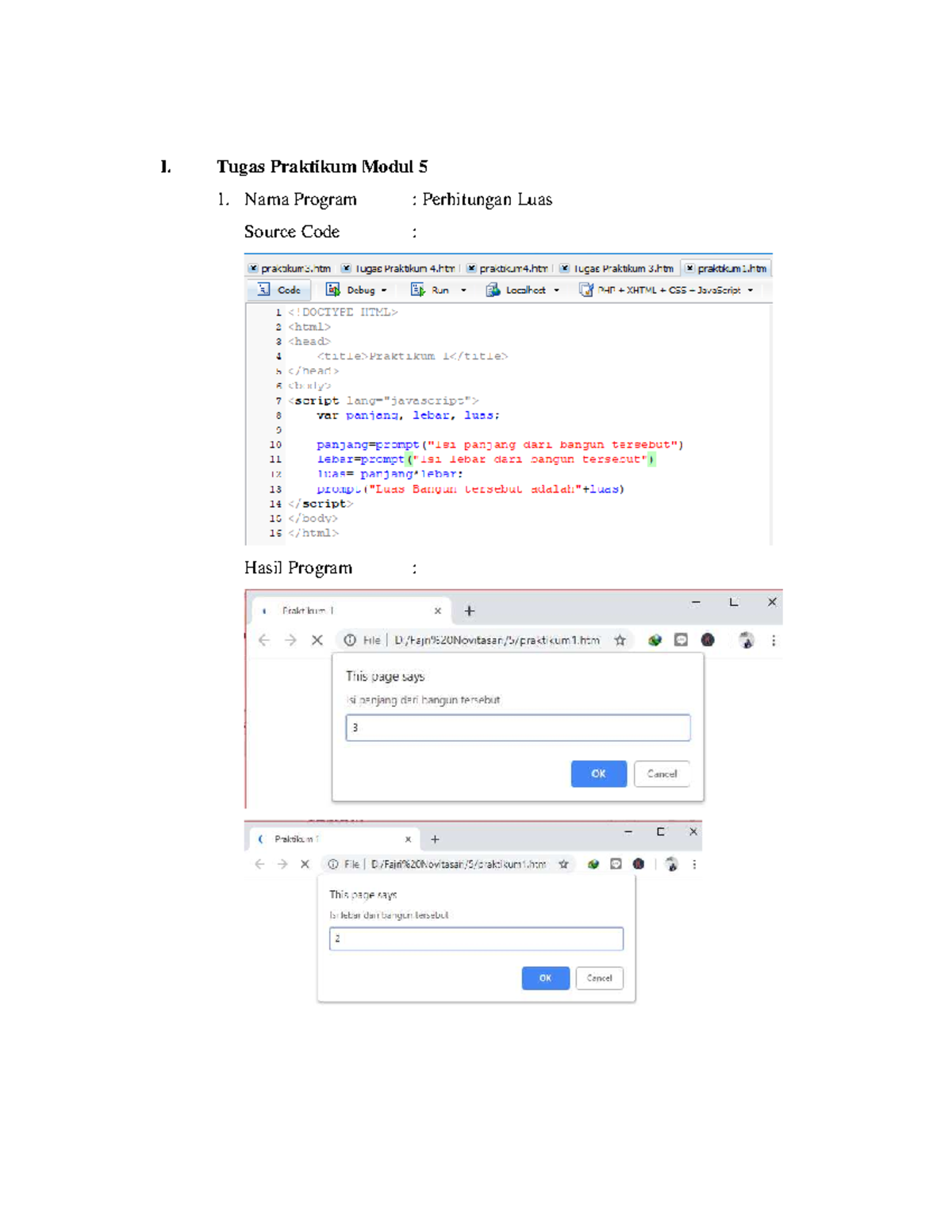 Laporan Pemrograman Web Materi Java Script - I. Tugas Praktikum Modul 5 ...