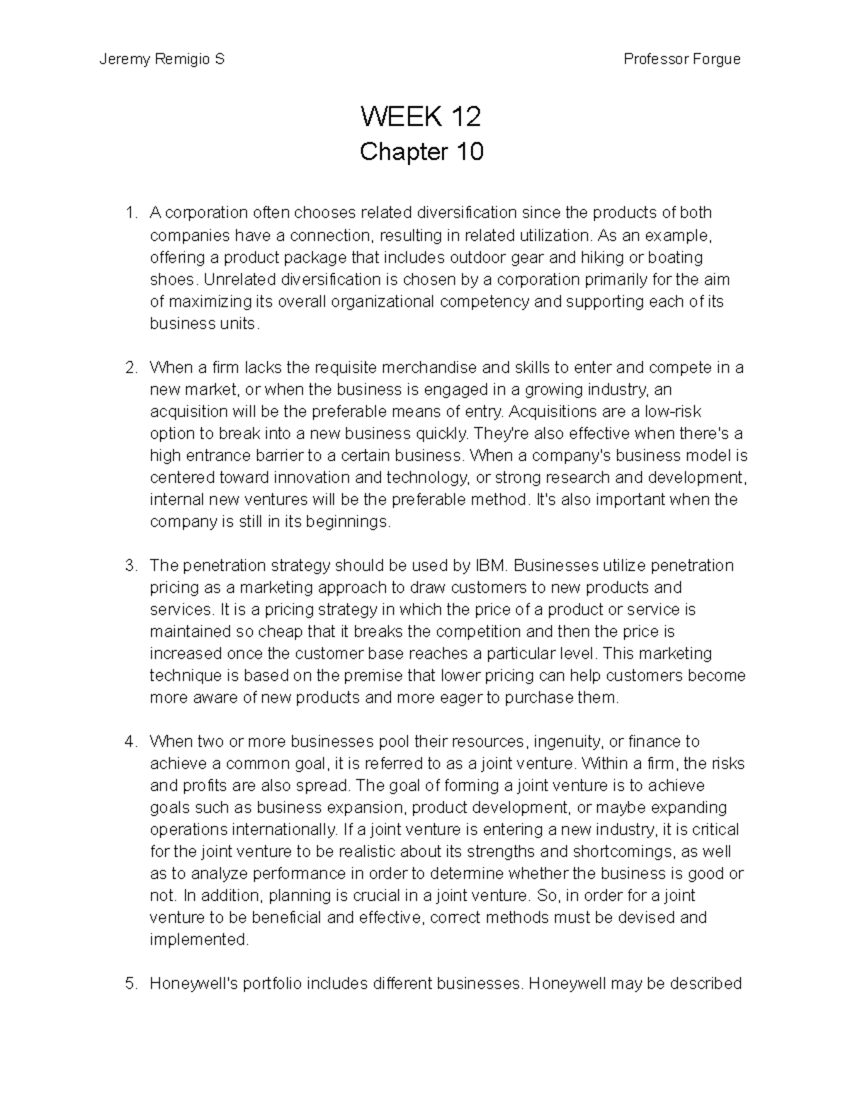 WEEK 12 - Week 12 Business management - Jeremy Remigio S Professor ...