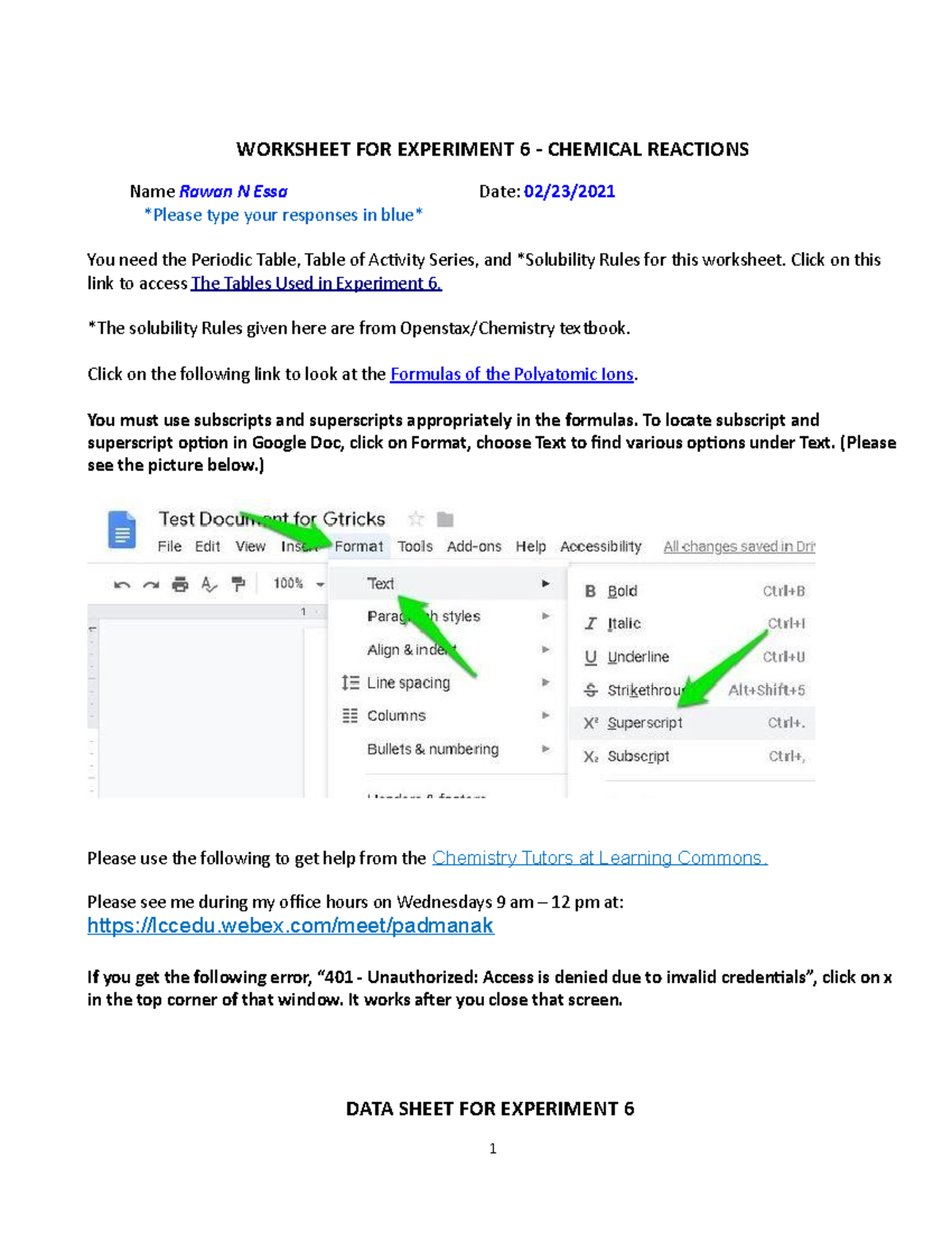 SP1 Worksheet for Week 6 Chemical Reactions - WORKSHEET FOR EXPERIMENT ...