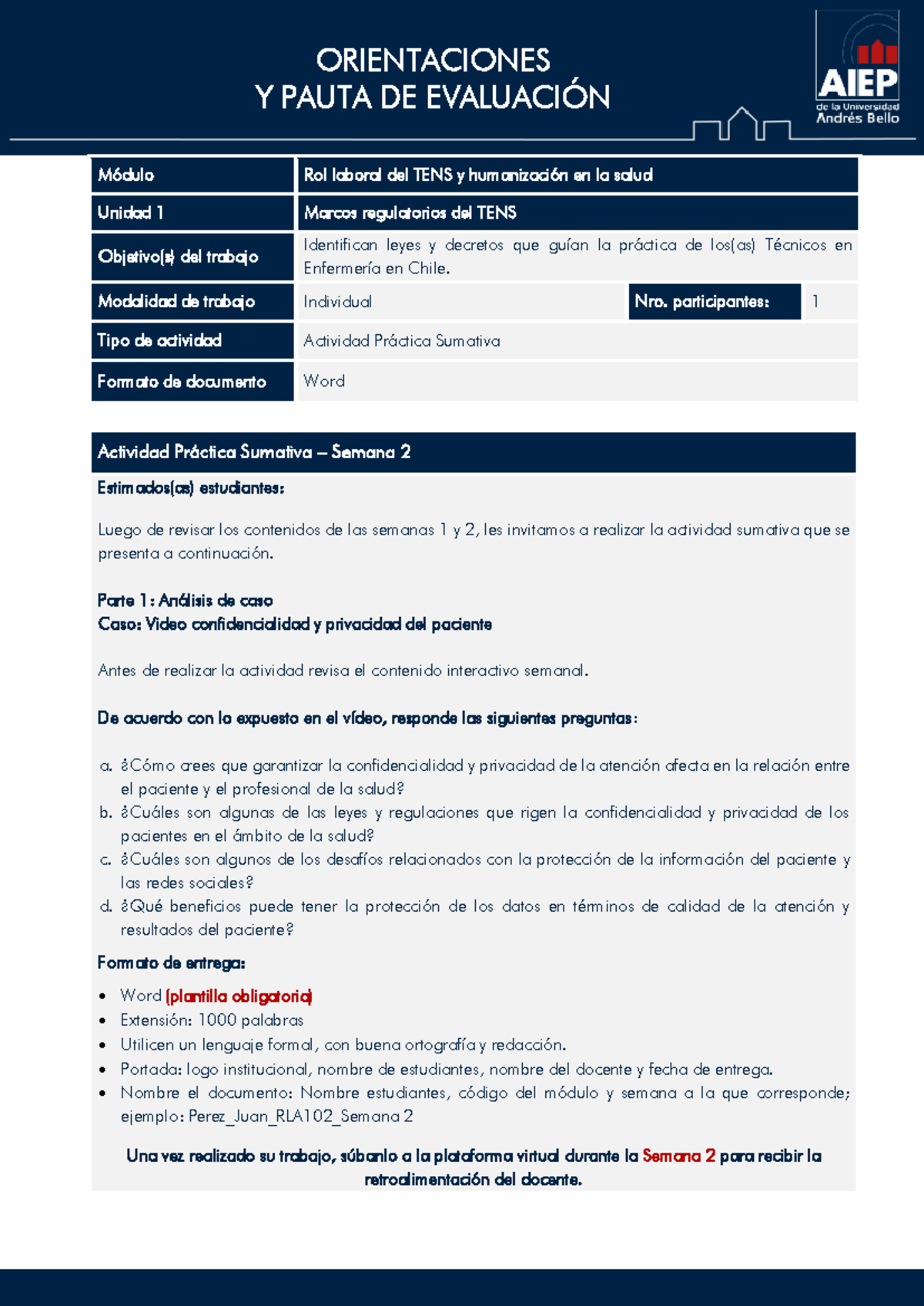 RLA102 Actividad Sumativa FA S2 - ORIENTACIONES Y PAUTA DE EVALUACIÓN Módulo Rol laboral del ...