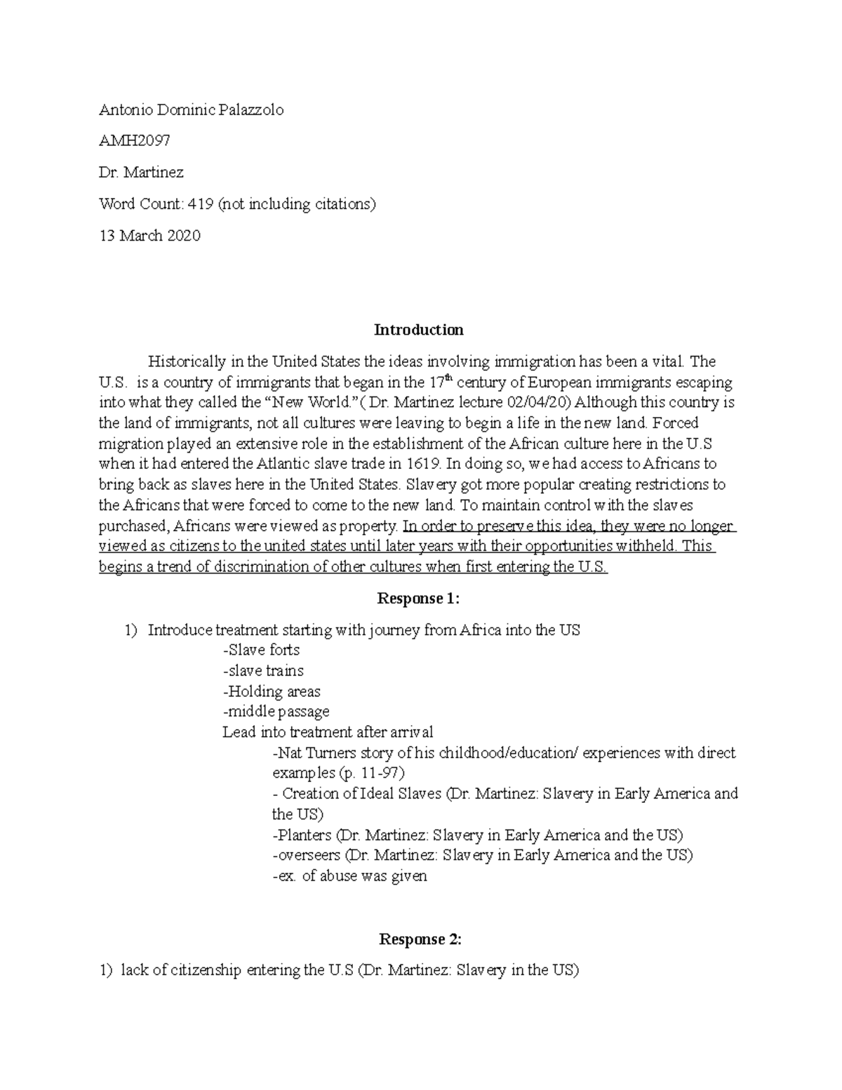 AMH2097 paper 2 outline - Antonio Dominic Palazzolo AMH Dr. Martinez ...