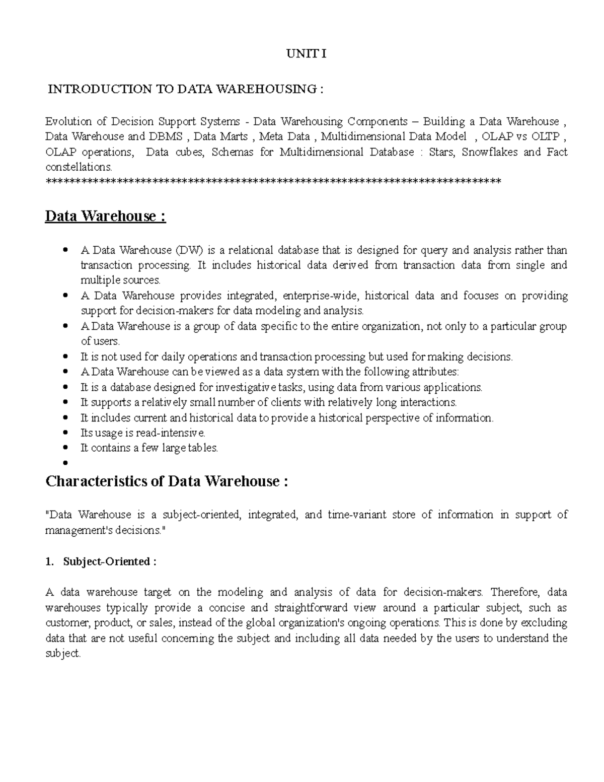 UNIT I - Used to dwdm - UNIT I INTRODUCTION TO DATA WAREHOUSING : Evolution of Decision Support ...