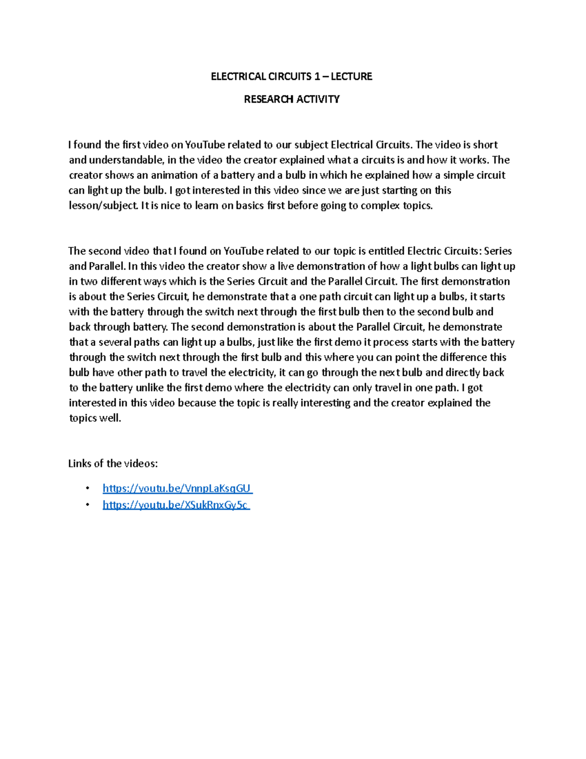 Electrical Circuits - Essay - ELECTRICAL CIRCUITS 1 – LECTURE RESEARCH ...