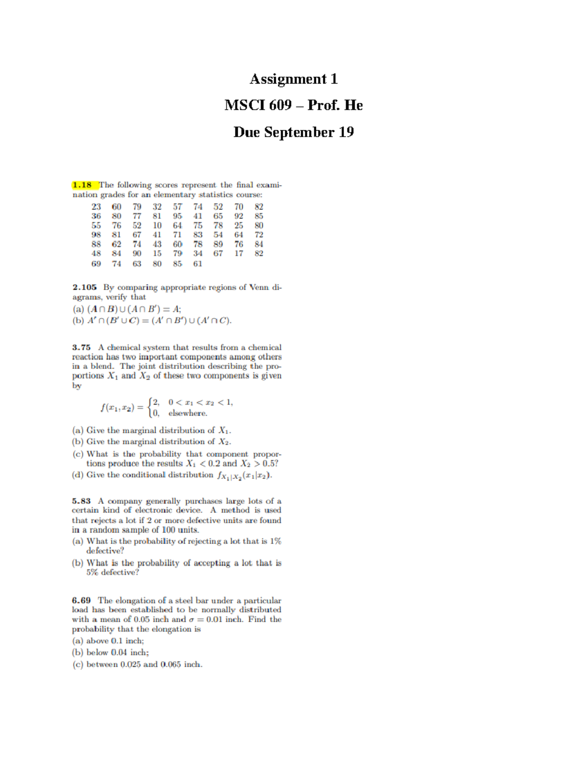 Assignment 1-Problems MSCI 609 - MSCI 609 - Assignment 1 MSCI 609 – Prof. He Due September 19 ...