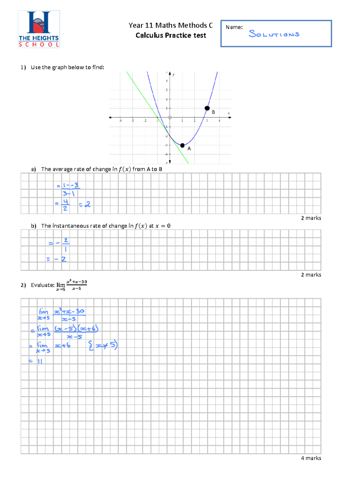 Calculus Practice test Solutions - Year 11 Maths Methods C Calculus ...