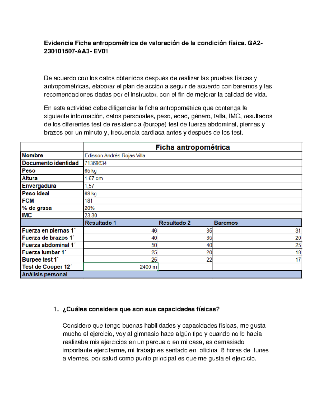 Evidencia Ficha antropométrica de valoración de la condición física - GA2- 230101507-AA3- EV De ...