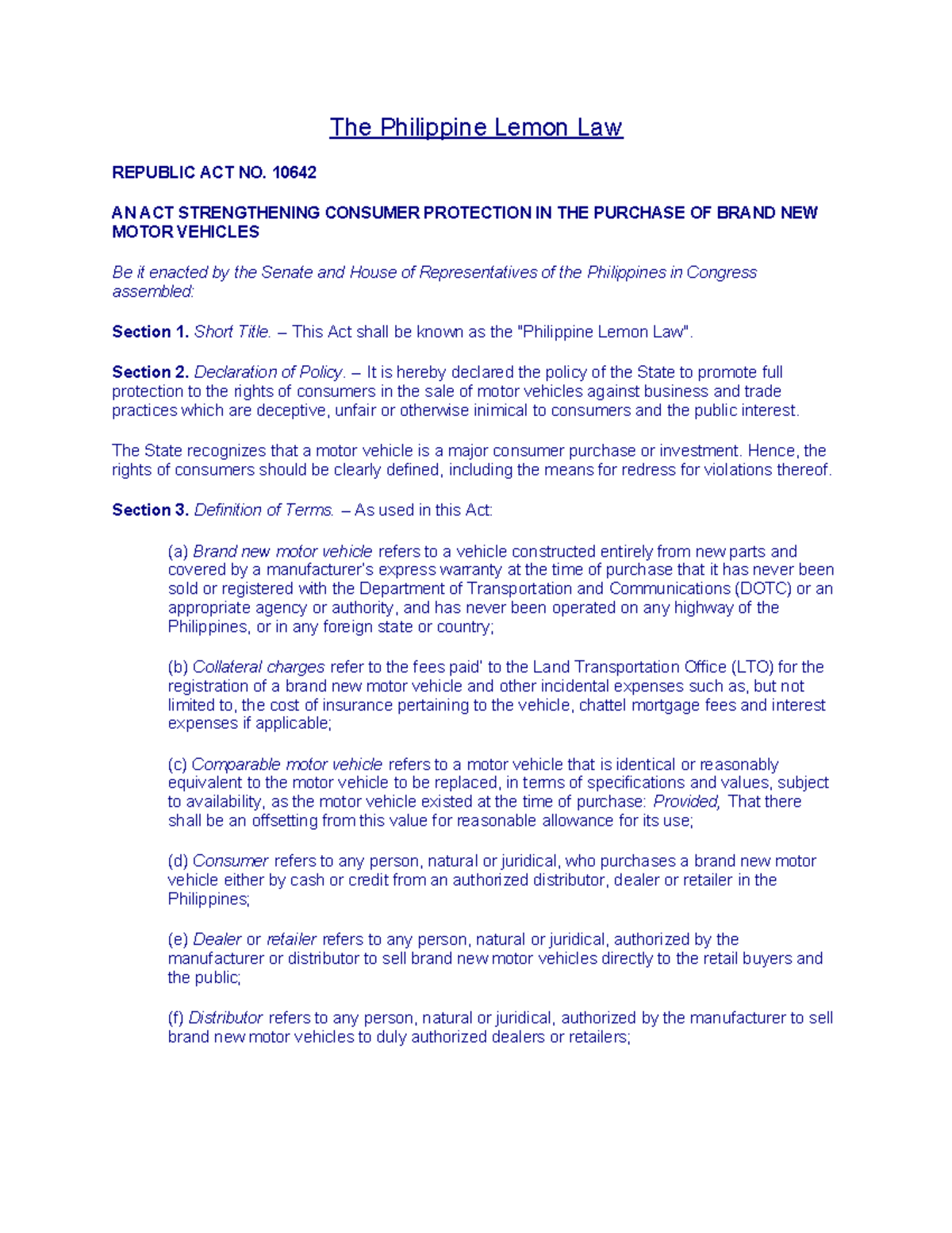 Philippine Lemon Law hehe - The Philippine Lemon Law REPUBLIC ACT NO ...