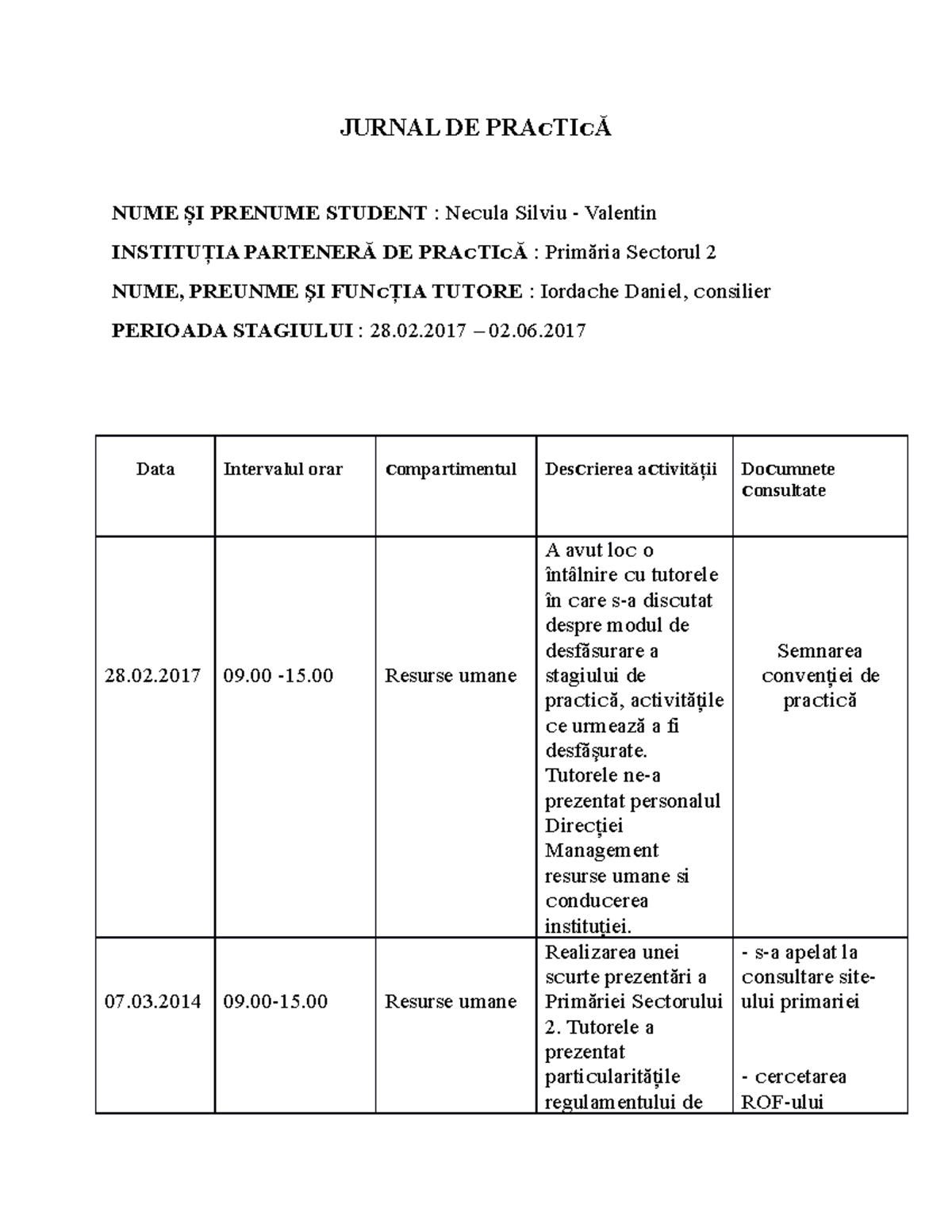 Practica - JURNAL DE NUME PRENUME STUDENT : Silviu Valentin DE : 2 NUME ...