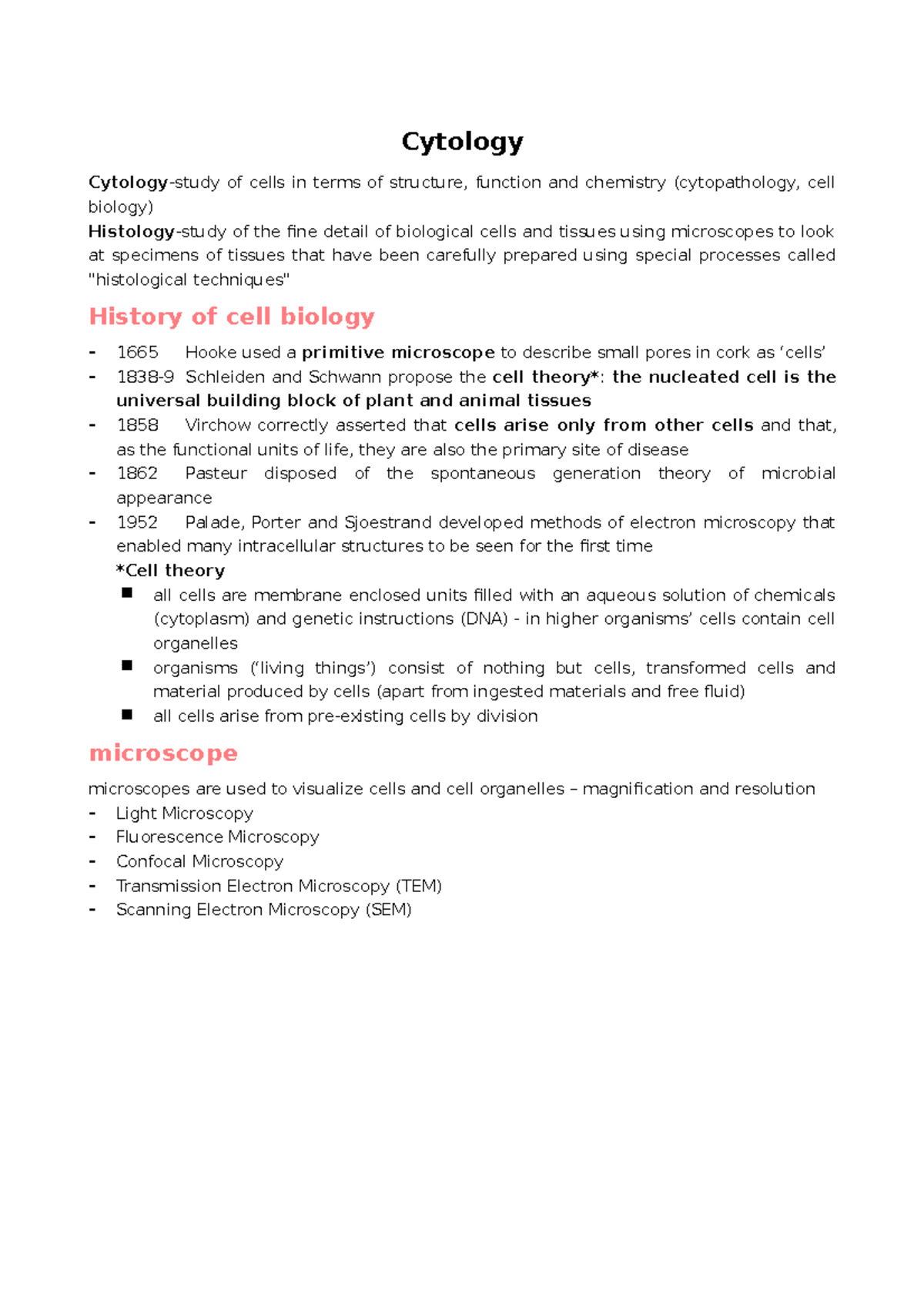 Lec 1 Cytology 1 - Lecture notes 1 - Cytology Cytology -study of cells ...