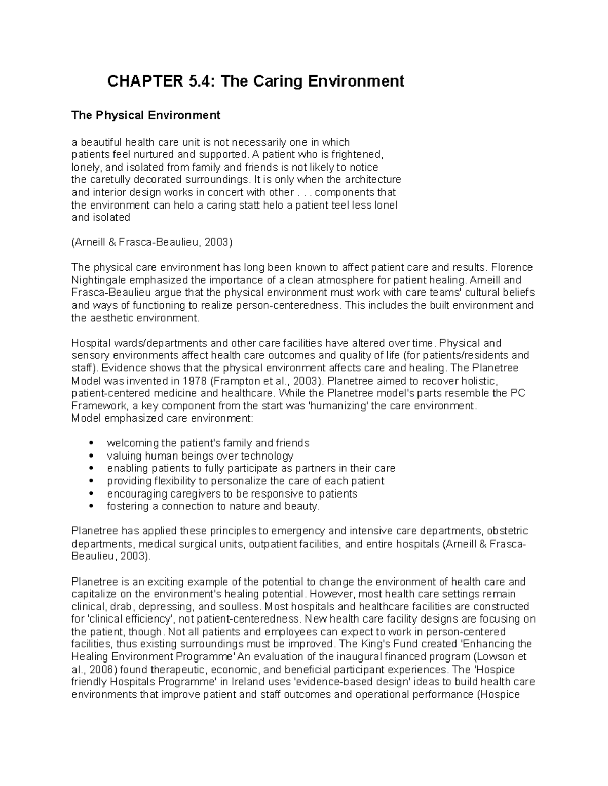 Chapter 5 - TFN notes - CHAPTER 5: The Caring Environment The Physical ...