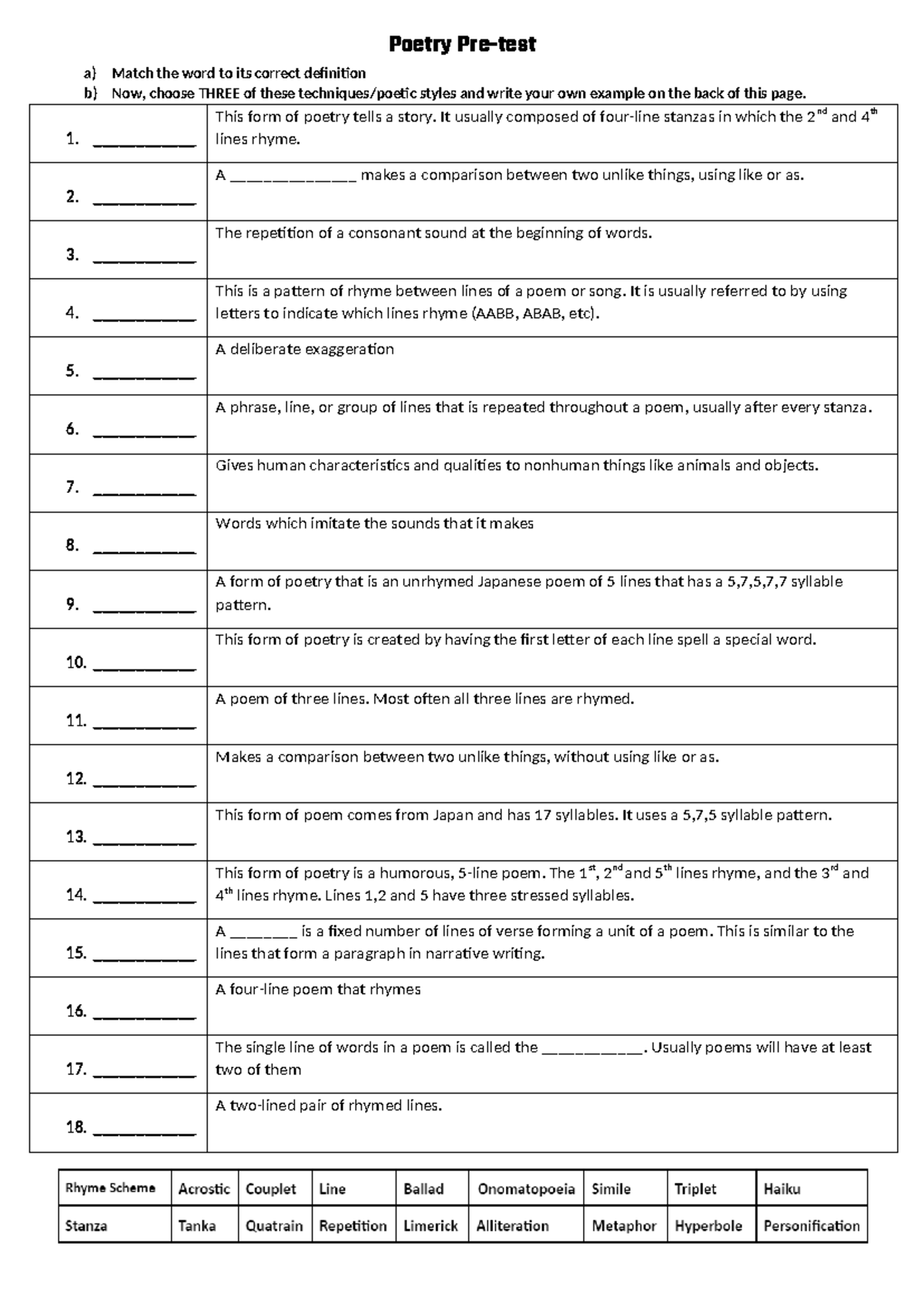 1. Poetry Pre-test - Poetry Pre-test a) Match the word to its correct ...