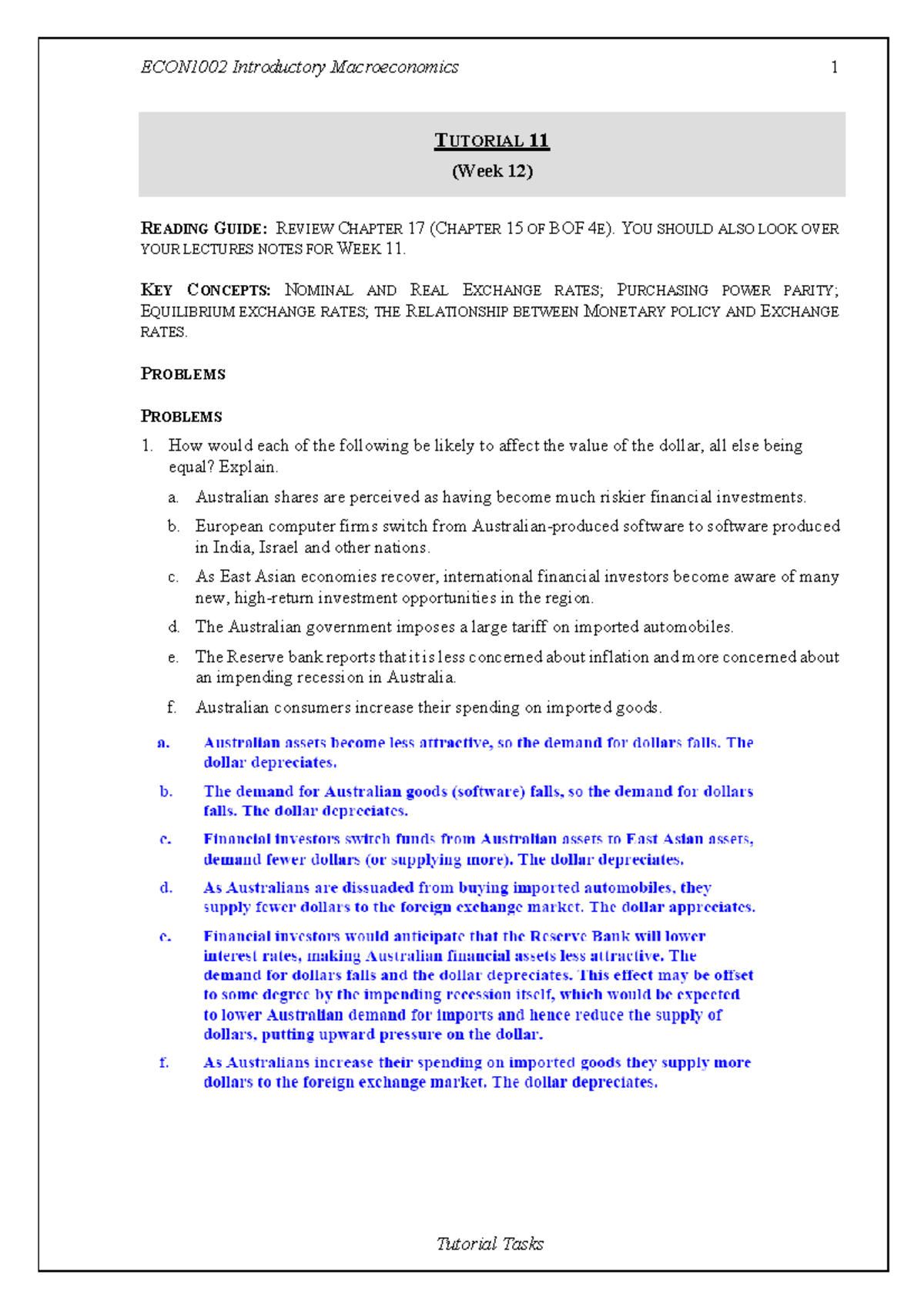 Tutorial 11 (Answers) - ECON1002 Introductory Macroeconomics 1 TUTORIAL 11 (Week 12) READING ...