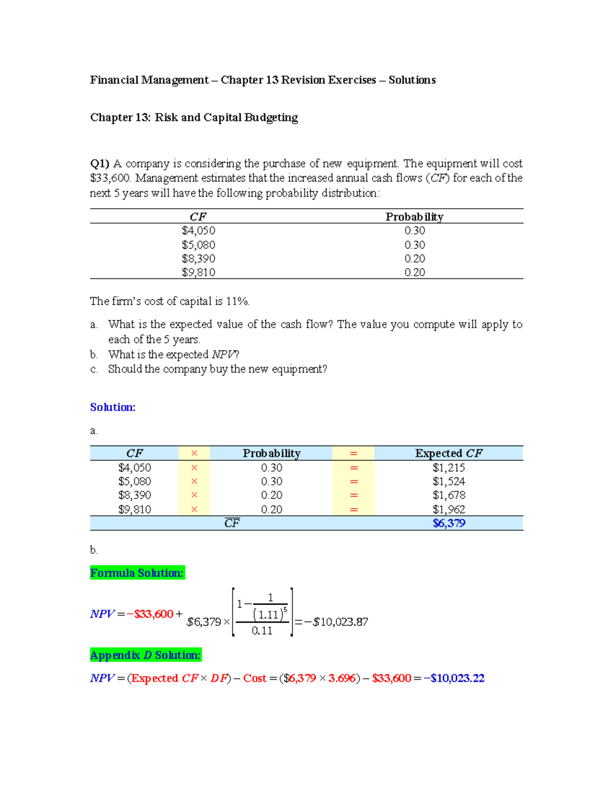 FM Chapter 13 Revision Exercises + Solutions - Financial Management ...